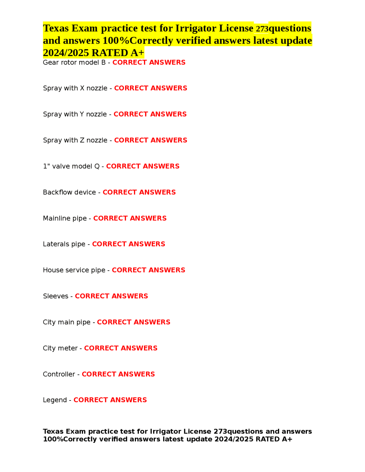 Texas Exam Practice Test for Irrigator License | Exams Nursing | Docsity