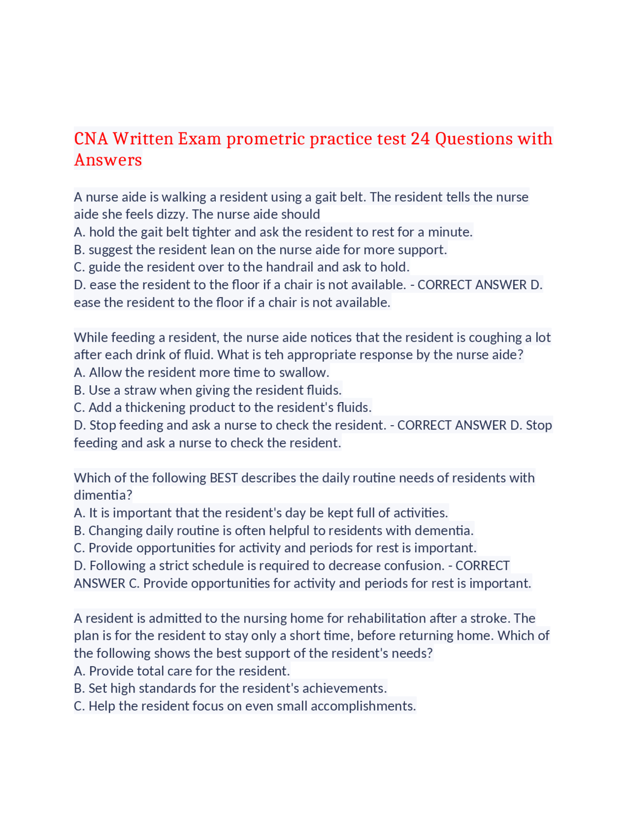 CNA Written Exam prometric practice test 24 Questions with Answers,100% ...