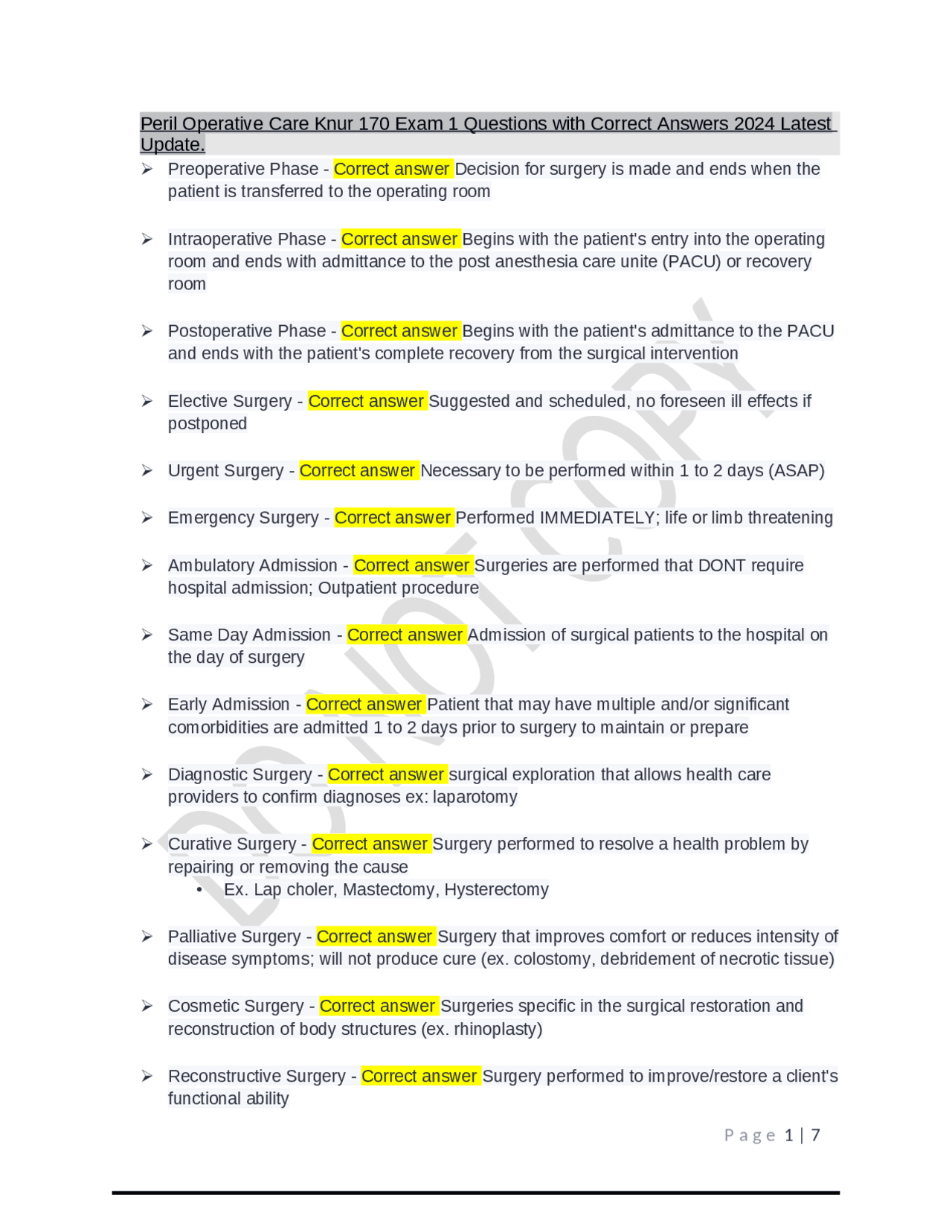 Peril Operative Care Knur 170 Exam 1 Questions with Correct Answers ...