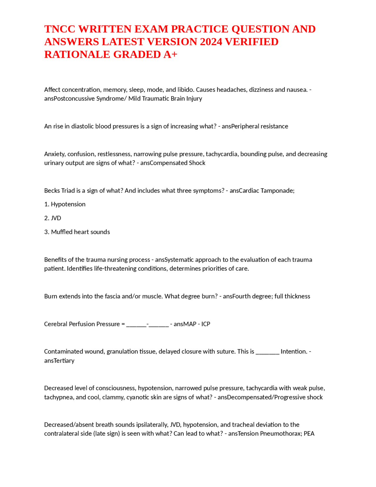 TNCC Written Exam Practice Questions and Answers | Exams Nursing | Docsity