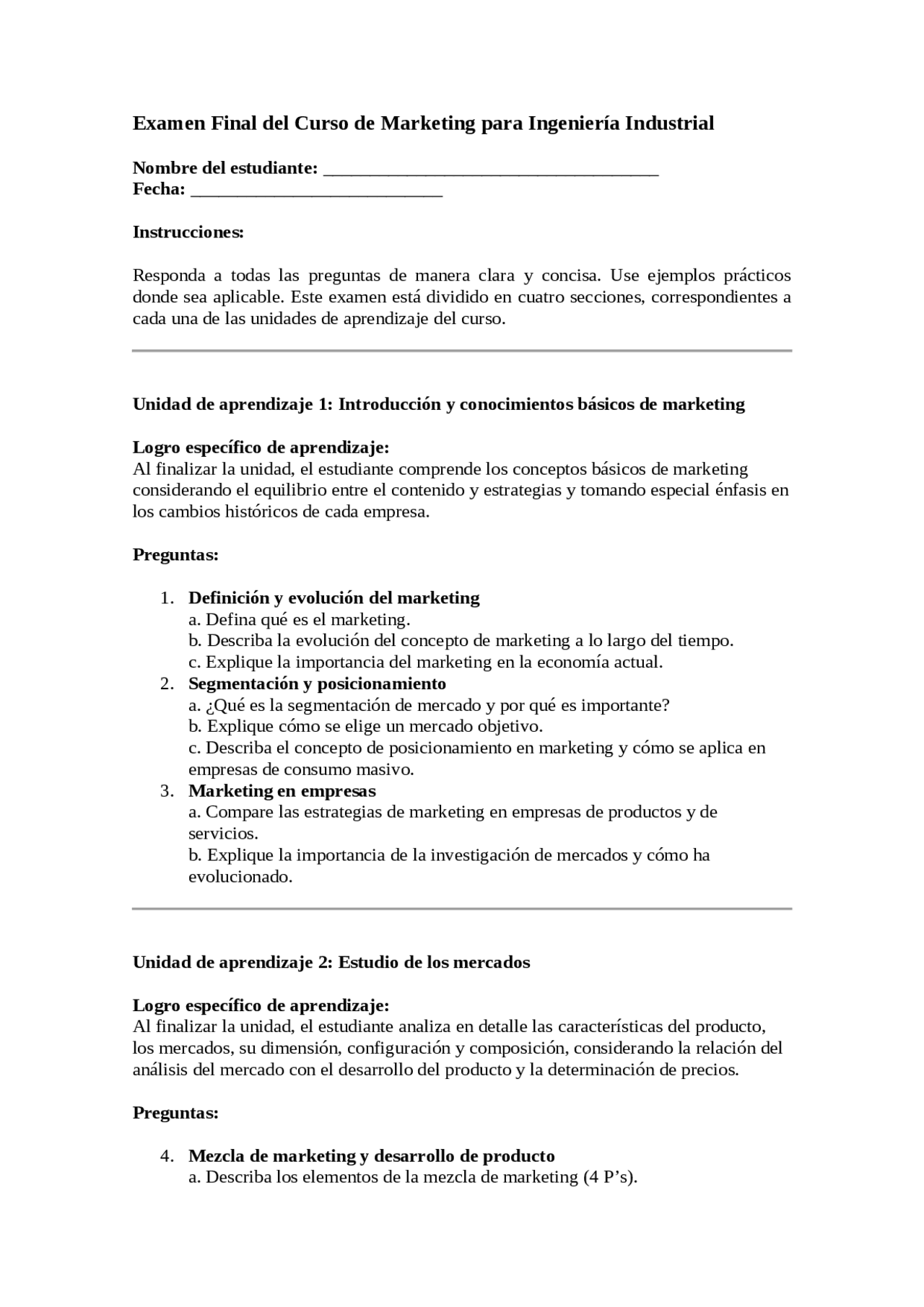 EXAMEN FINAL DE MARKETING - INGENIERIA INDUSTRIAL UTP | Exámenes de Marketing | Docsity