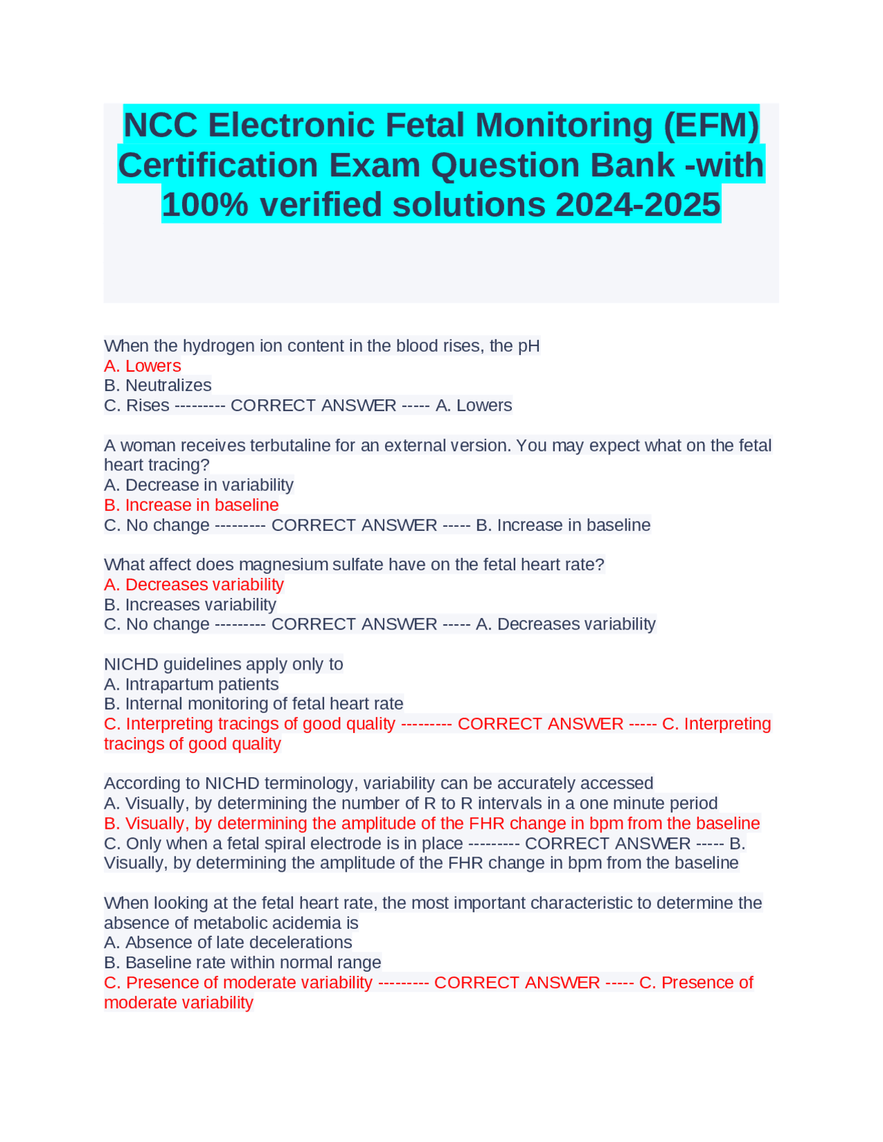 NCC Electronic Fetal Monitoring (EFM) Certification Exam Question Bank ...