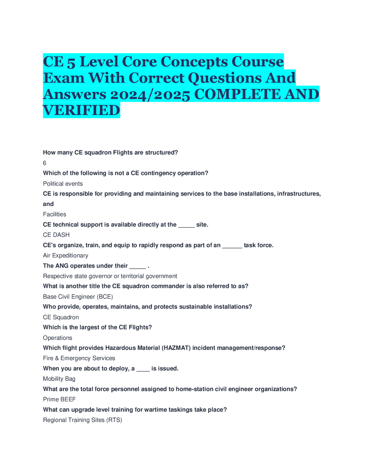 CE 5 Level Core Concepts Course Exam With Correct Questions And Answers ...