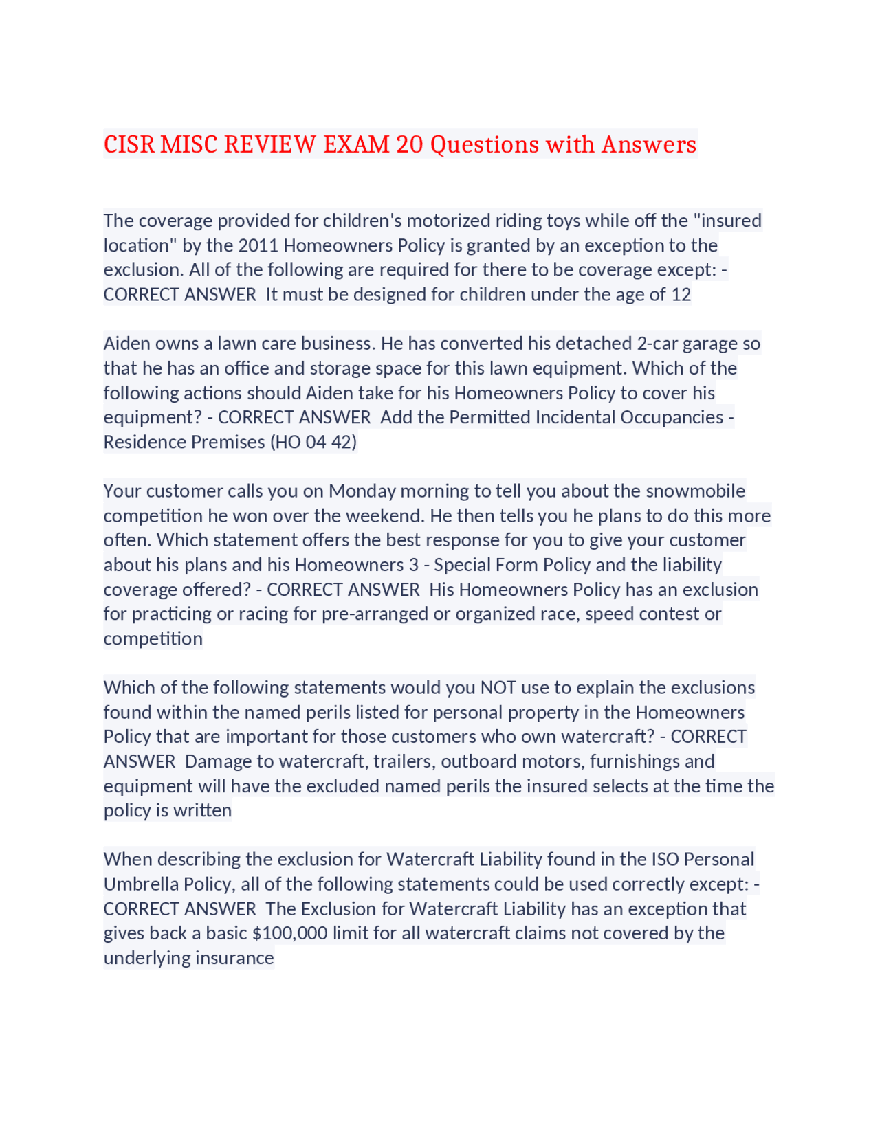 CISR MISC REVIEW EXAM 20 Questions with Answers | Exams Business ...