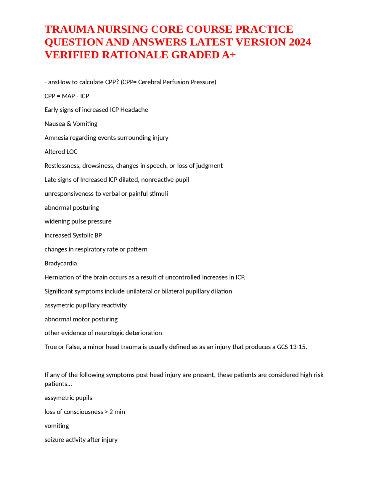 TRAUMA NURSING CORE COURSE PRACTICE QUESTION AND ANSWERS LATEST VERSION ...
