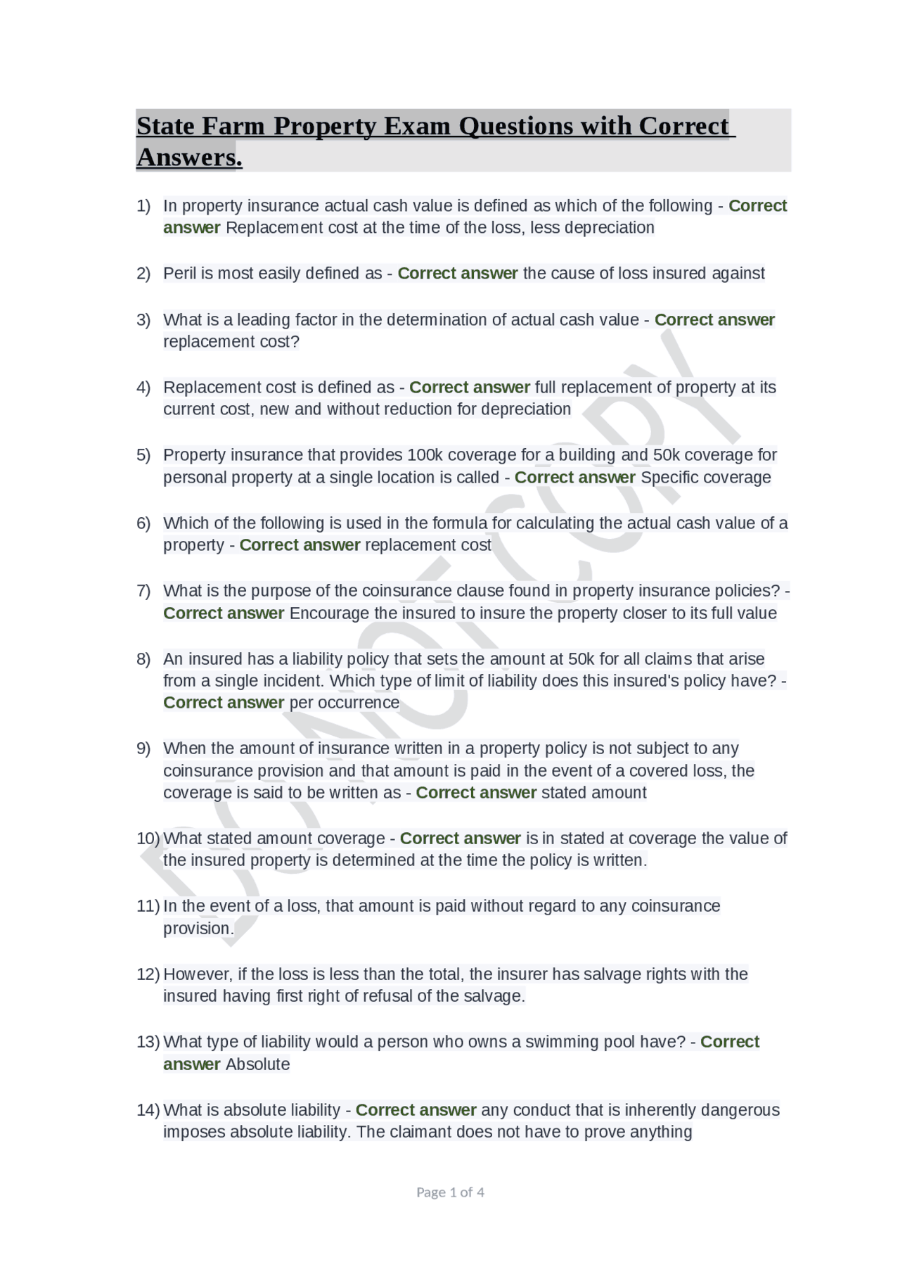 State Farm Property Exam Questions with Correct Answers | Exams ...