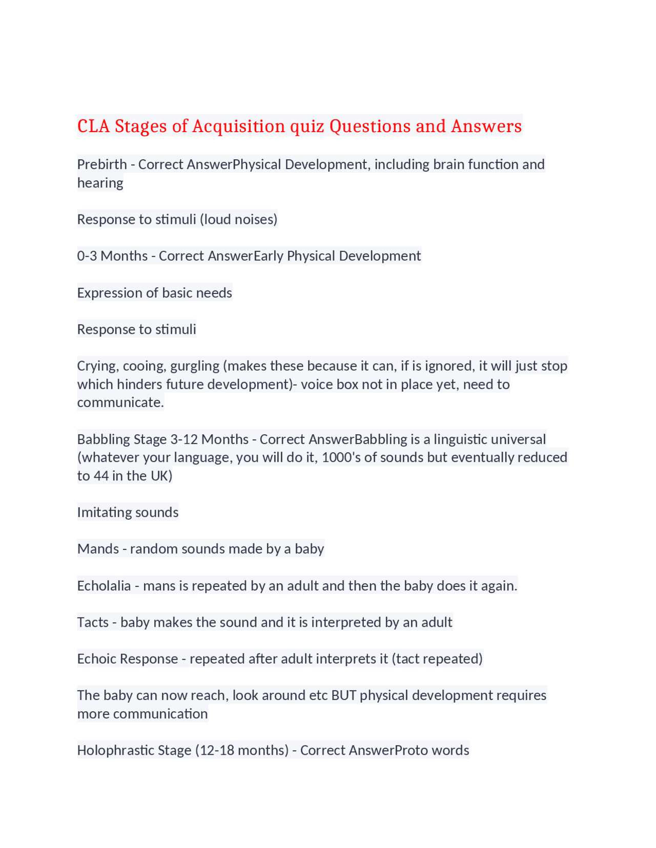 CLA Stages of Acquisition: Understanding Language Development | Exams Nursing | Docsity