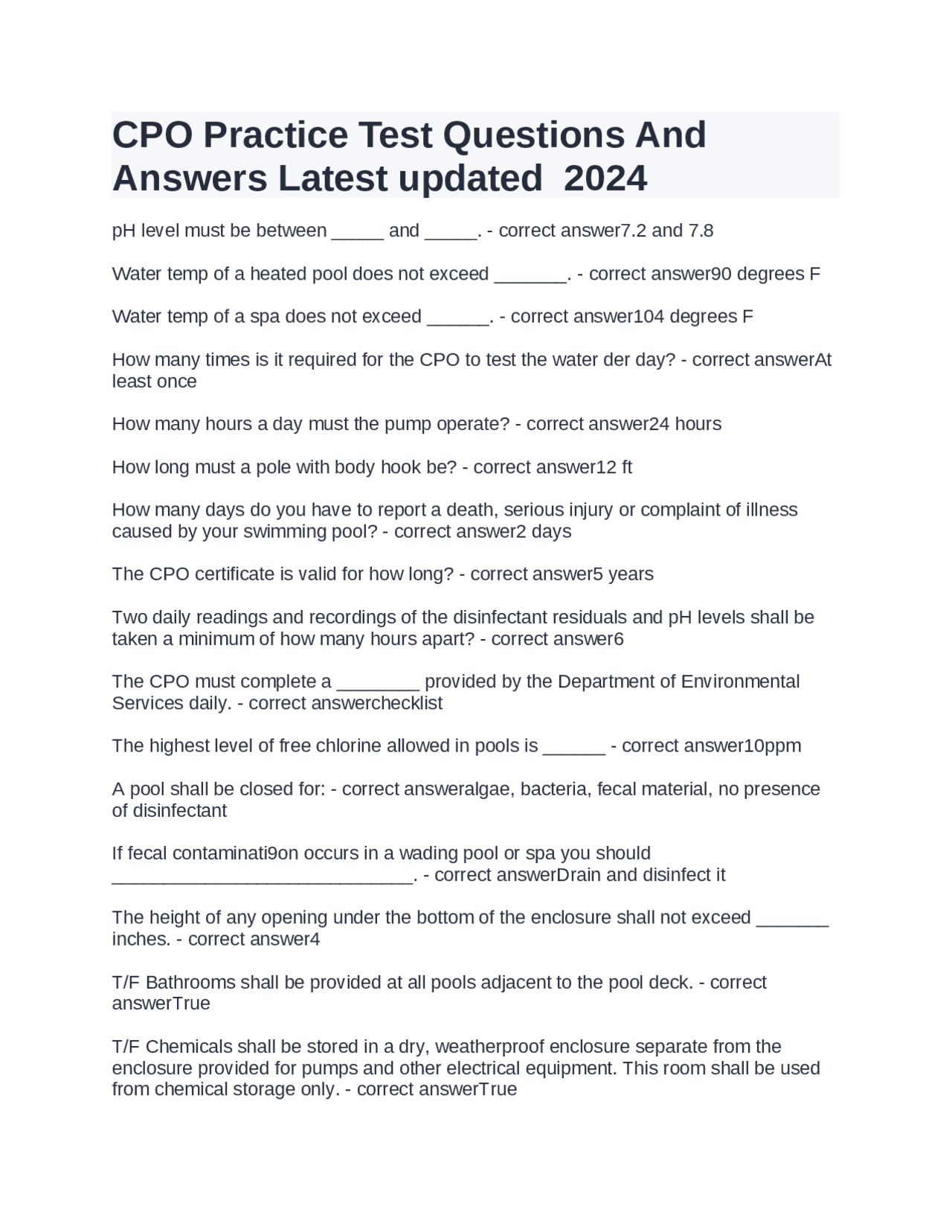 CPO Practice Test Questions and Answers | Exams Nursing | Docsity