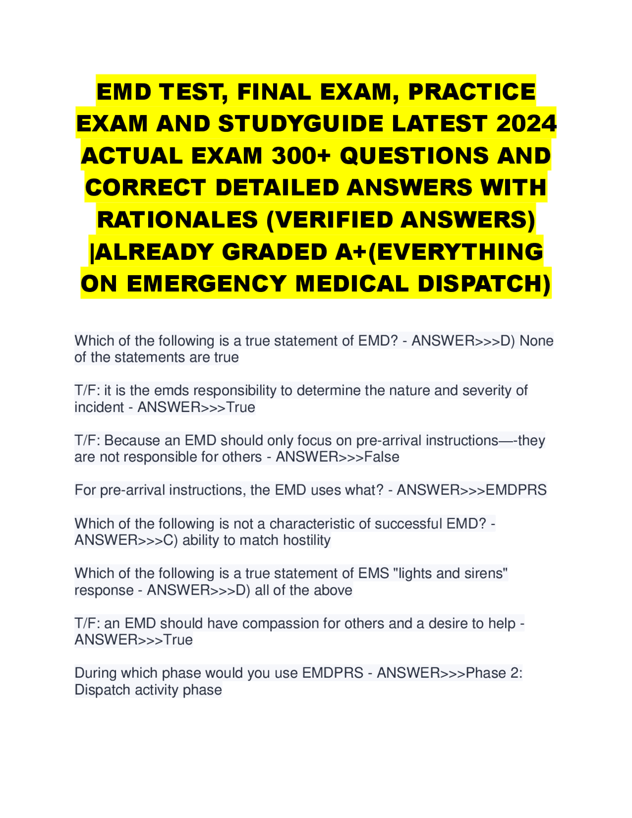 EMD TEST, FINAL EXAM, PRACTICE EXAM AND STUDYGUIDE LATEST 2024 ACTUAL ...