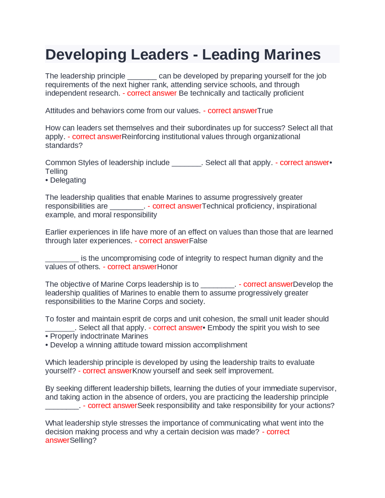 Developing Marine Corps Leadership Qualities | Exams Nursing | Docsity