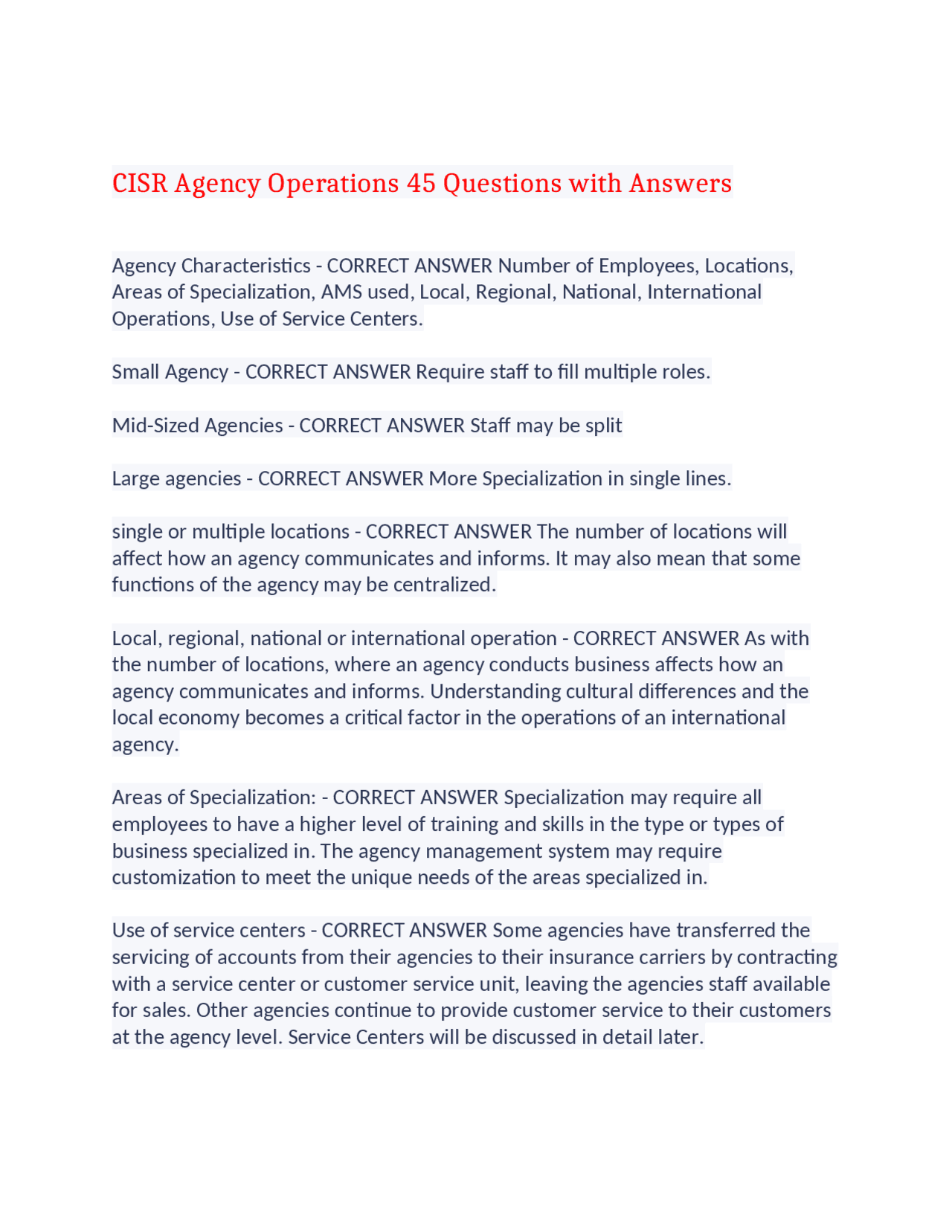 CISR Agency Operations 45 Questions with Answers,100% CORRECT | Exams ...