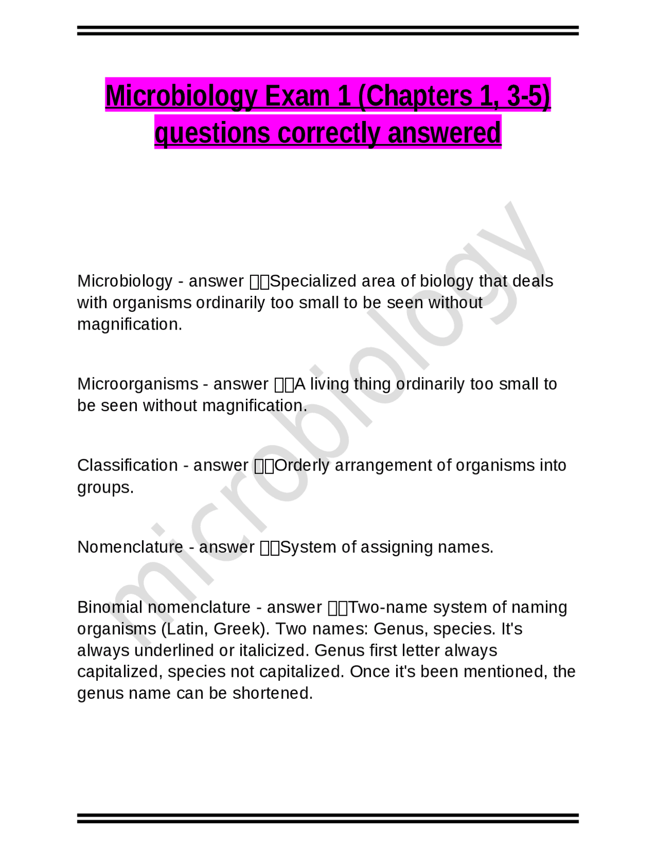 Microbiology Exam 1 (Chapters 1, 3-5) questions correctly answered | Exams Nursing | Docsity