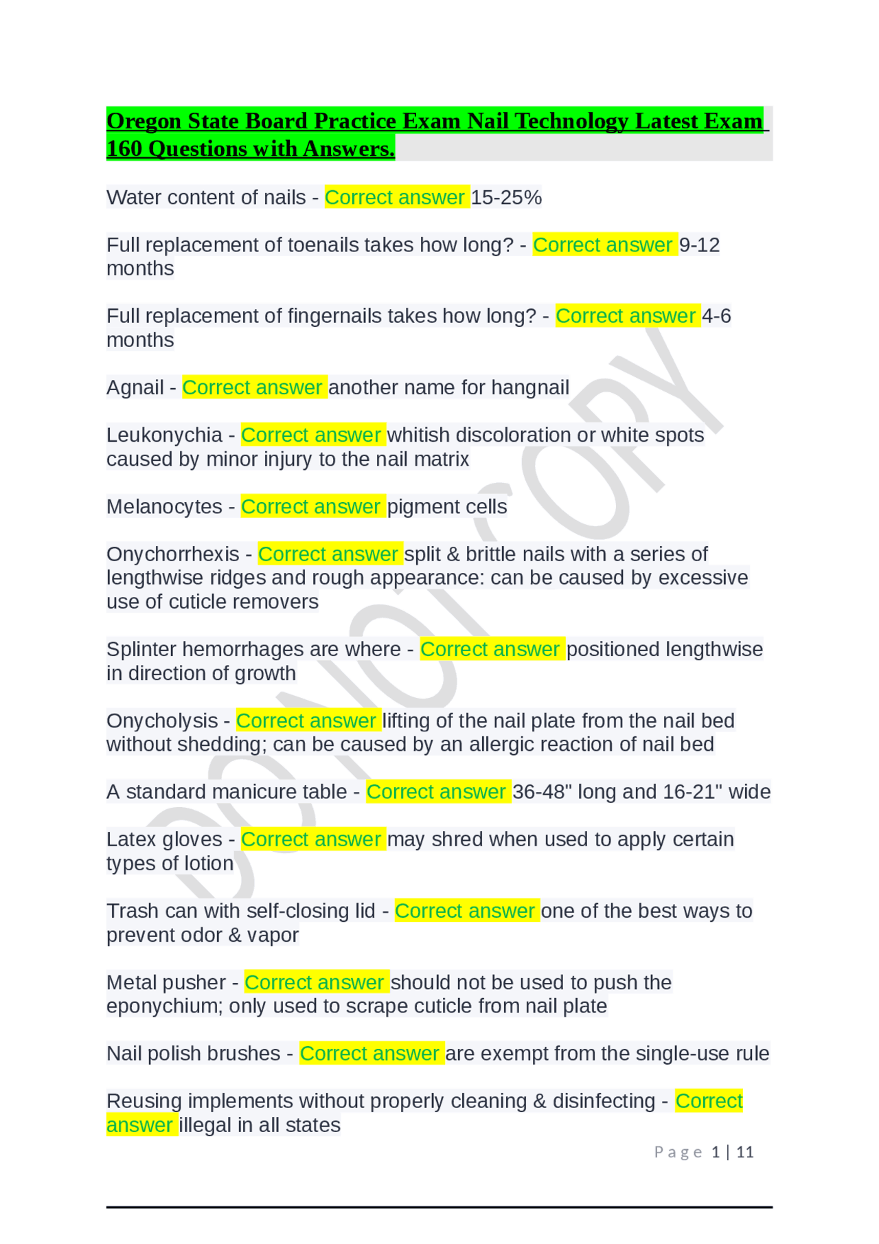 Oregon State Board Practice Exam Nail Technology Latest Exam 160 ...