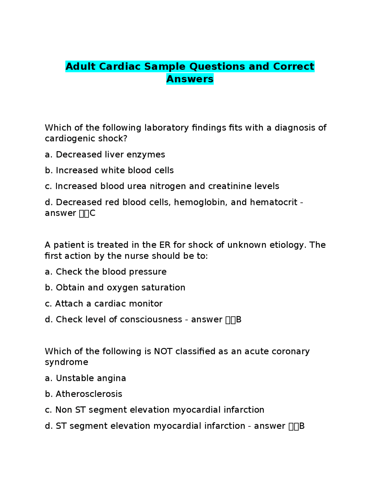 Adult Cardiac Sample Questions and Correct Answers | Exams Nursing ...