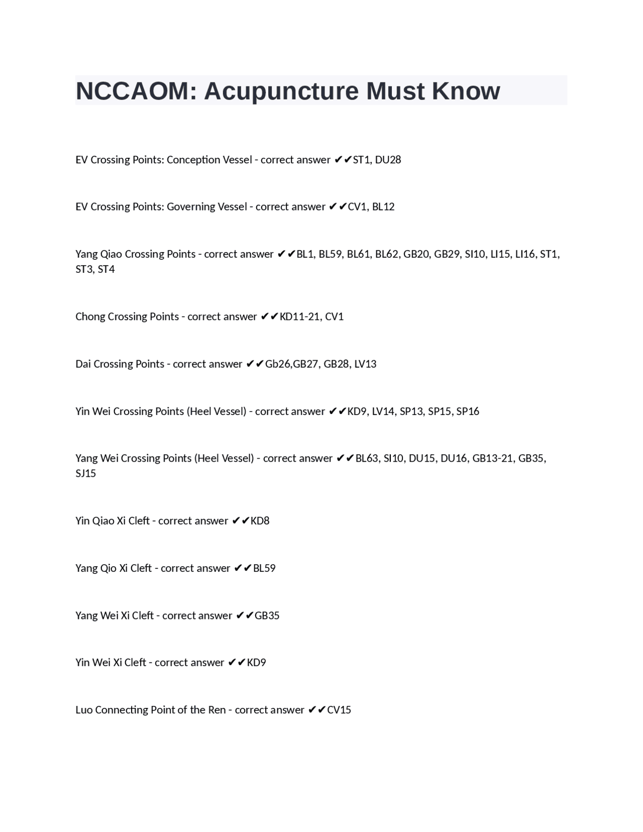 NCCAOM: Acupuncture Must Know | Exams Nursing | Docsity