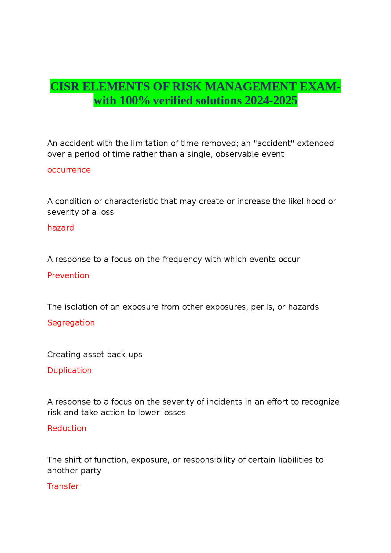 CISR ELEMENTS OF RISK MANAGEMENT EXAM-with 100% verified solutions 2024 ...