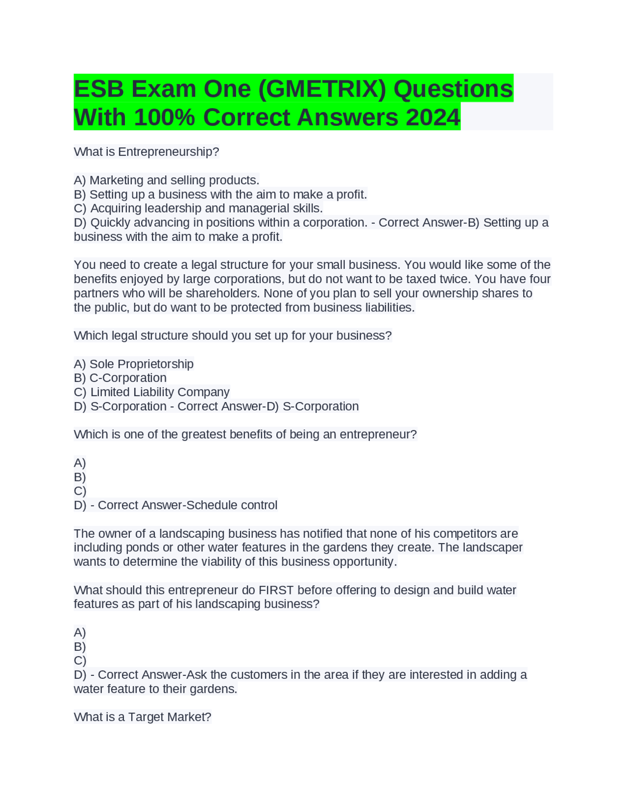 ESB Exam One (GMETRIX) Questions with 100% Correct Answers 2024 | Exams ...