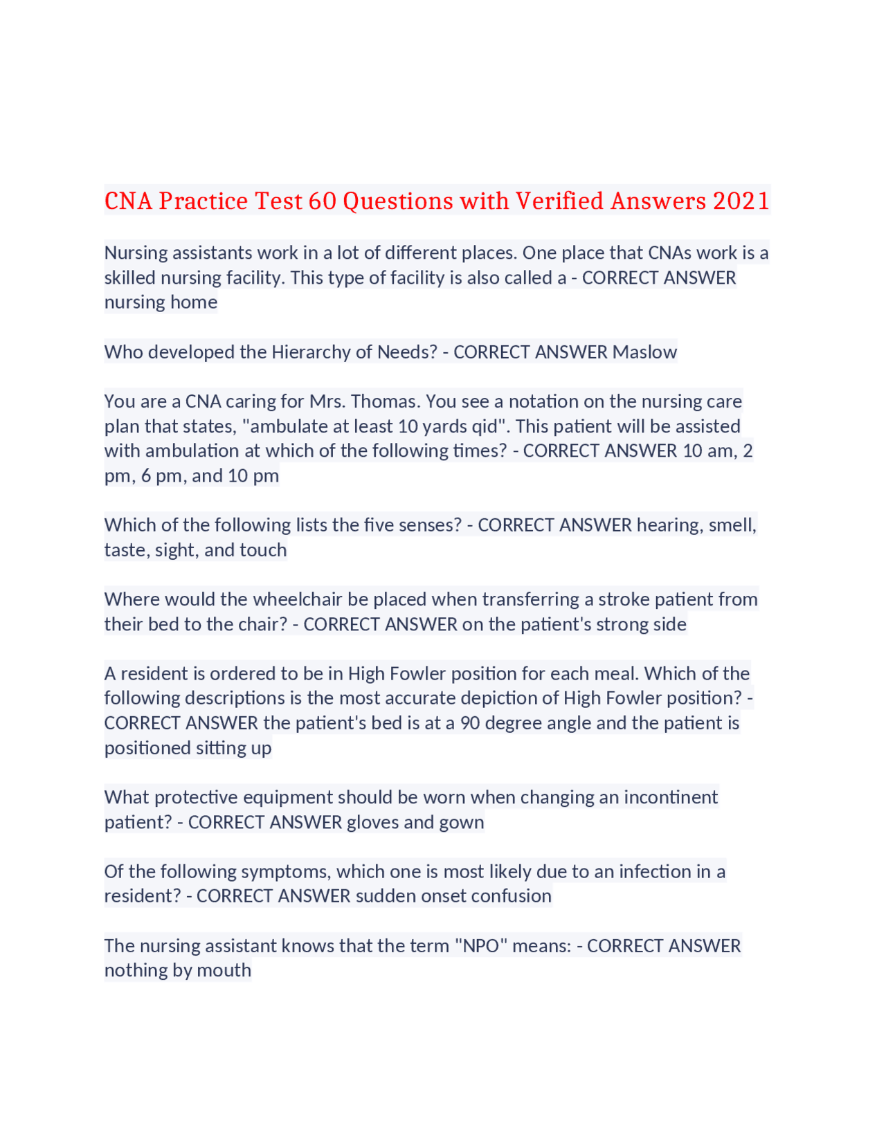 CNA Practice Test 60 Questions with Verified Answers 2021,100% CORRECT ...