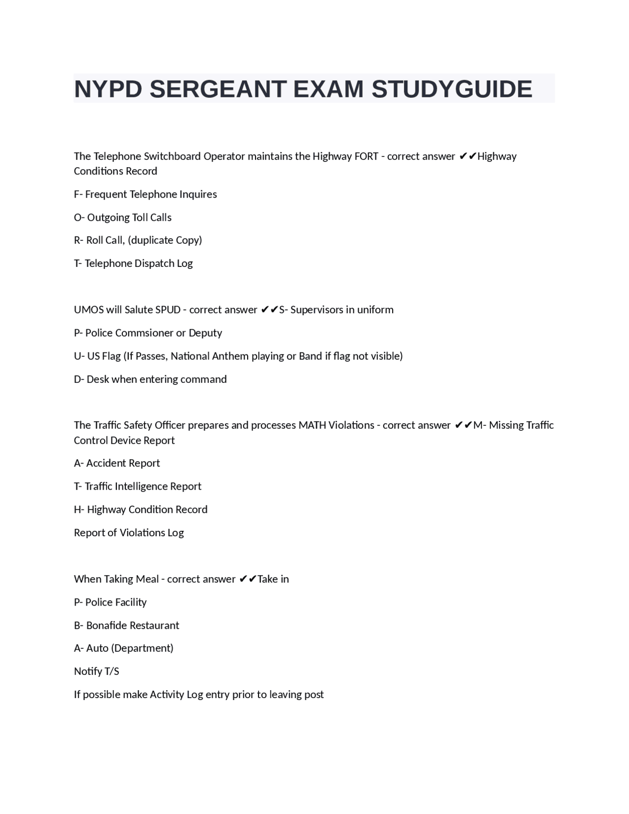 NYPD Sergeant Exam Study Guide | Exams Nursing | Docsity