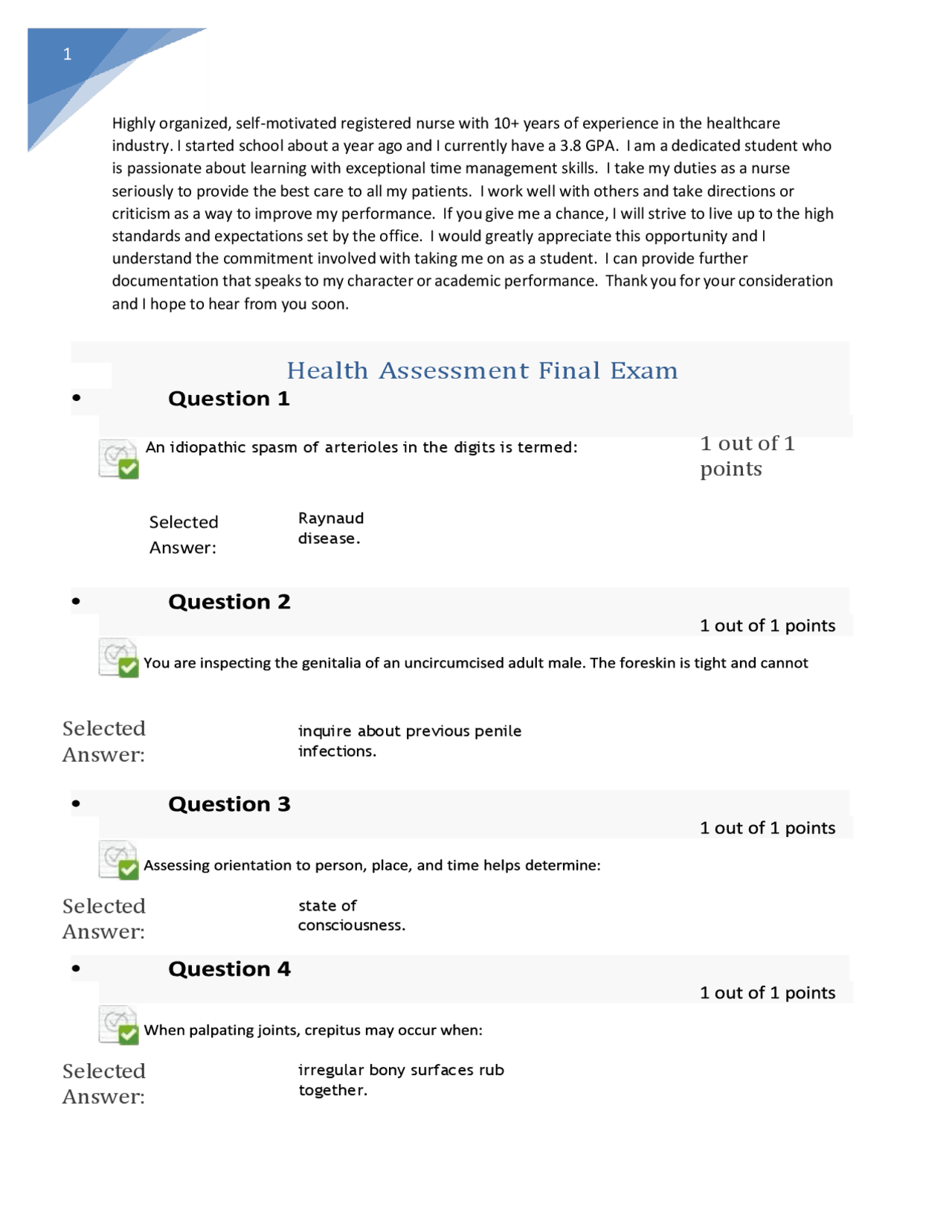 Health Assessment Final Exam | Exams Nursing | Docsity