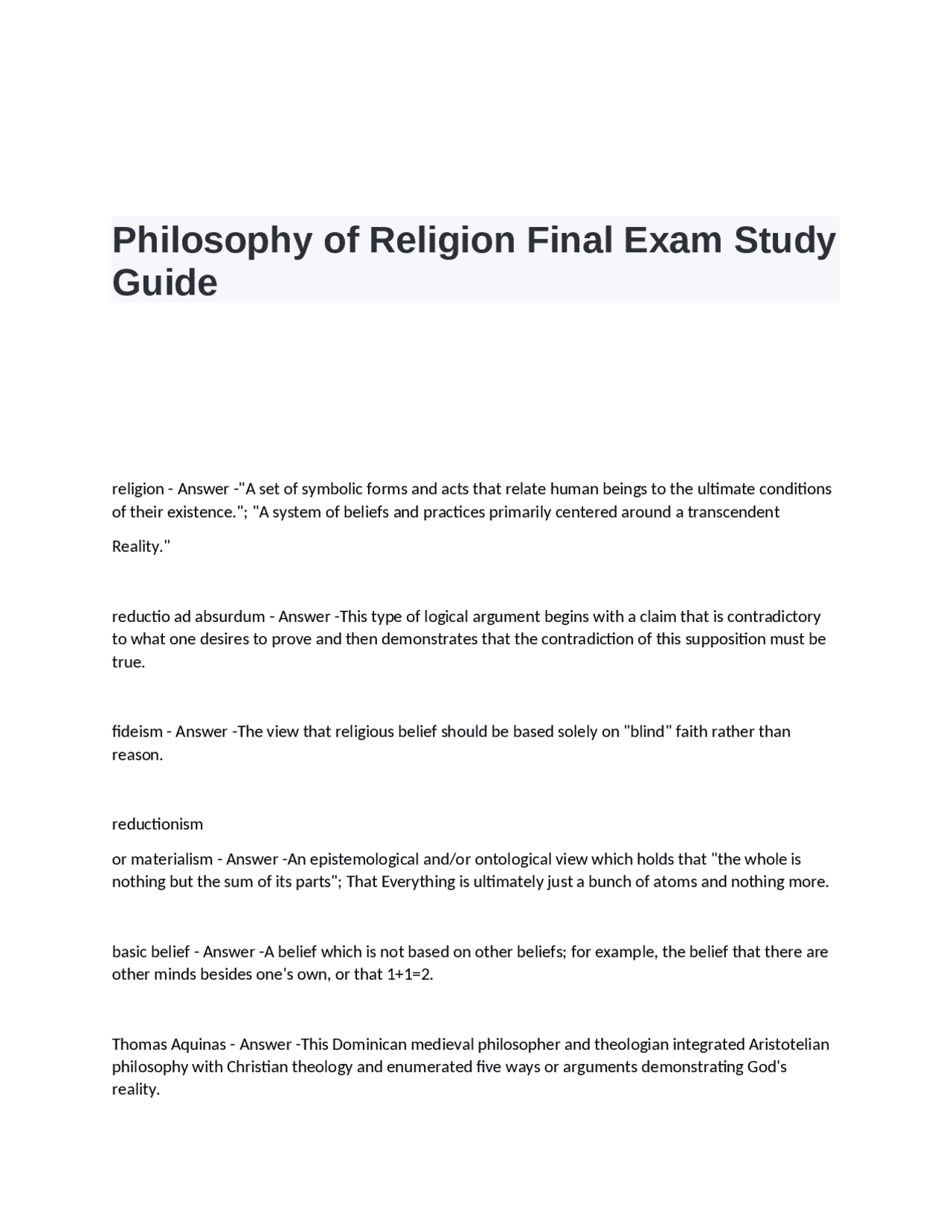 Philosophy of Religion Final Exam Study Guide Questions and Answers ...