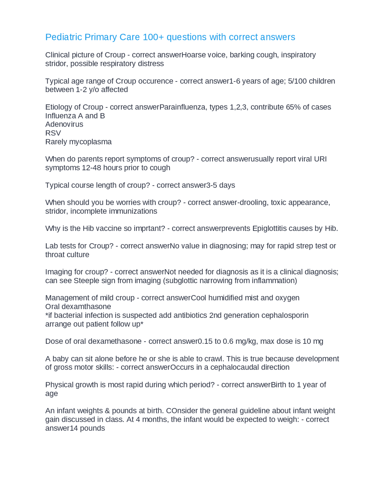 Pediatric Primary Care 100+ questions with correct answers | Exams ...
