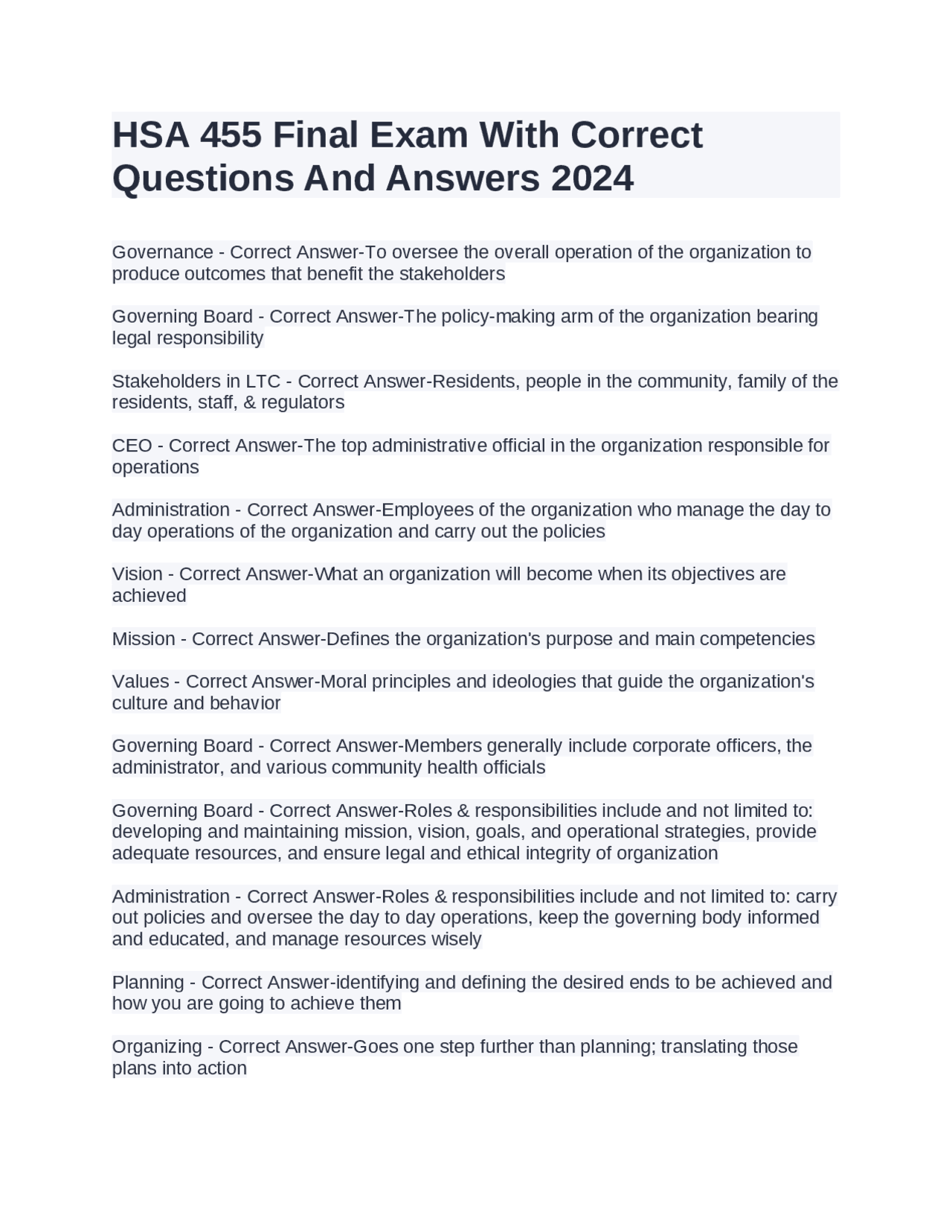 HSA 455 Final Exam With Correct Questions And Answers 2024 | Exams ...