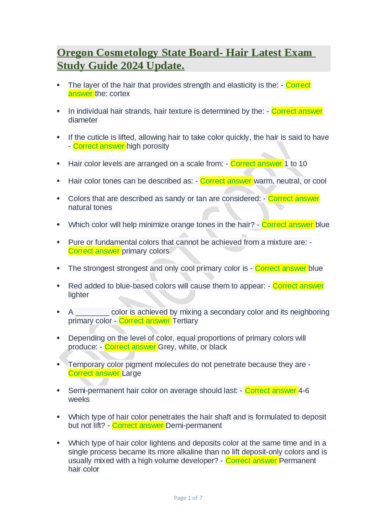 Oregon Cosmetology State Board- Hair Latest Exam Study Guide 2024 ...