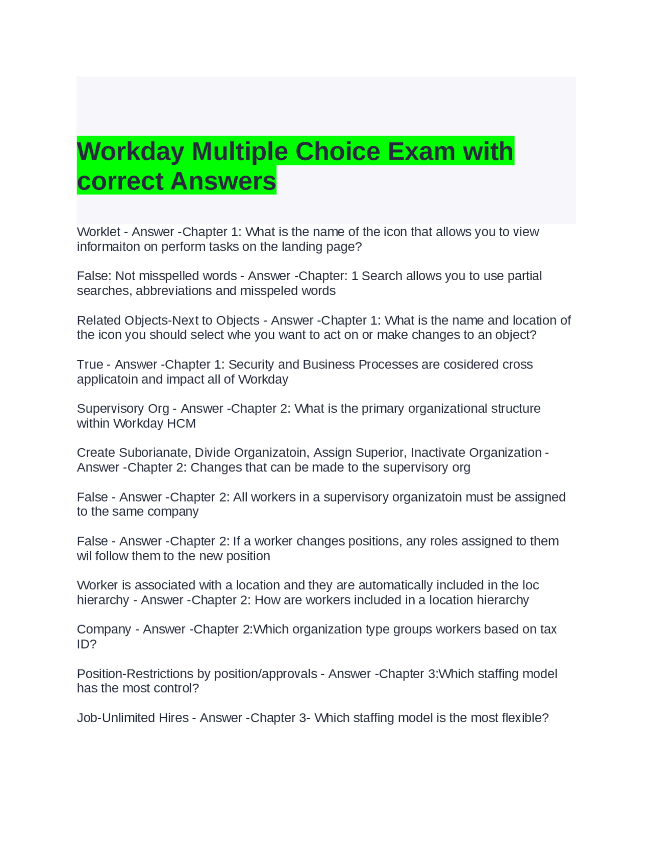 Workday Multiple Choice Exam with correct Answers | Exams Advanced Education | Docsity