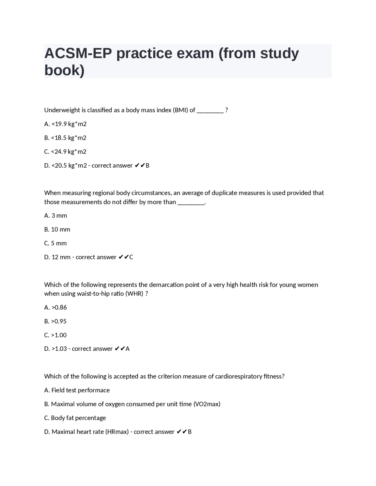 ACSM-EP practice exam (from study book) verified/passed | Exams Nursing ...