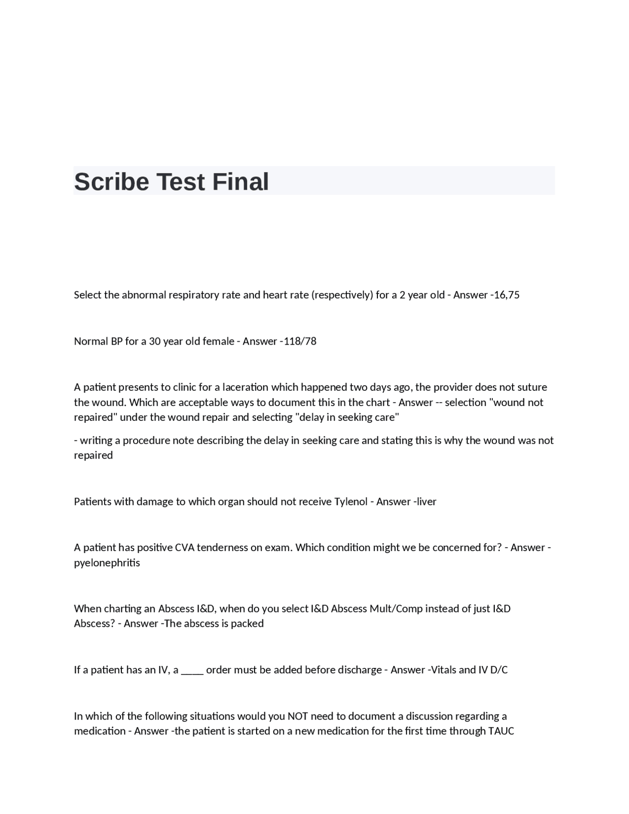 Scribe Test Final Exam Questions and Answers | Exams Nursing | Docsity