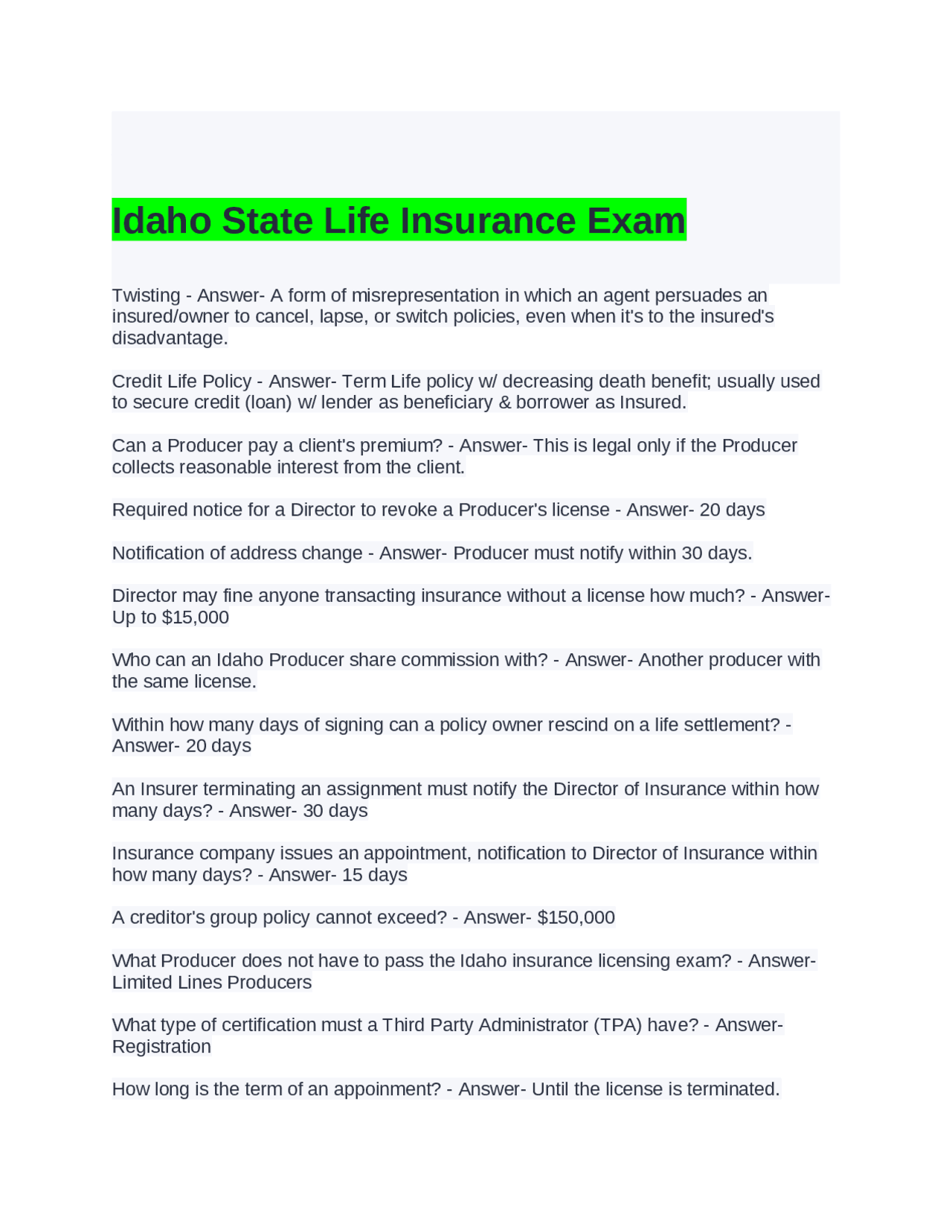 Idaho State Life Insurance Exam with correct Answers | Exams Advanced Education | Docsity