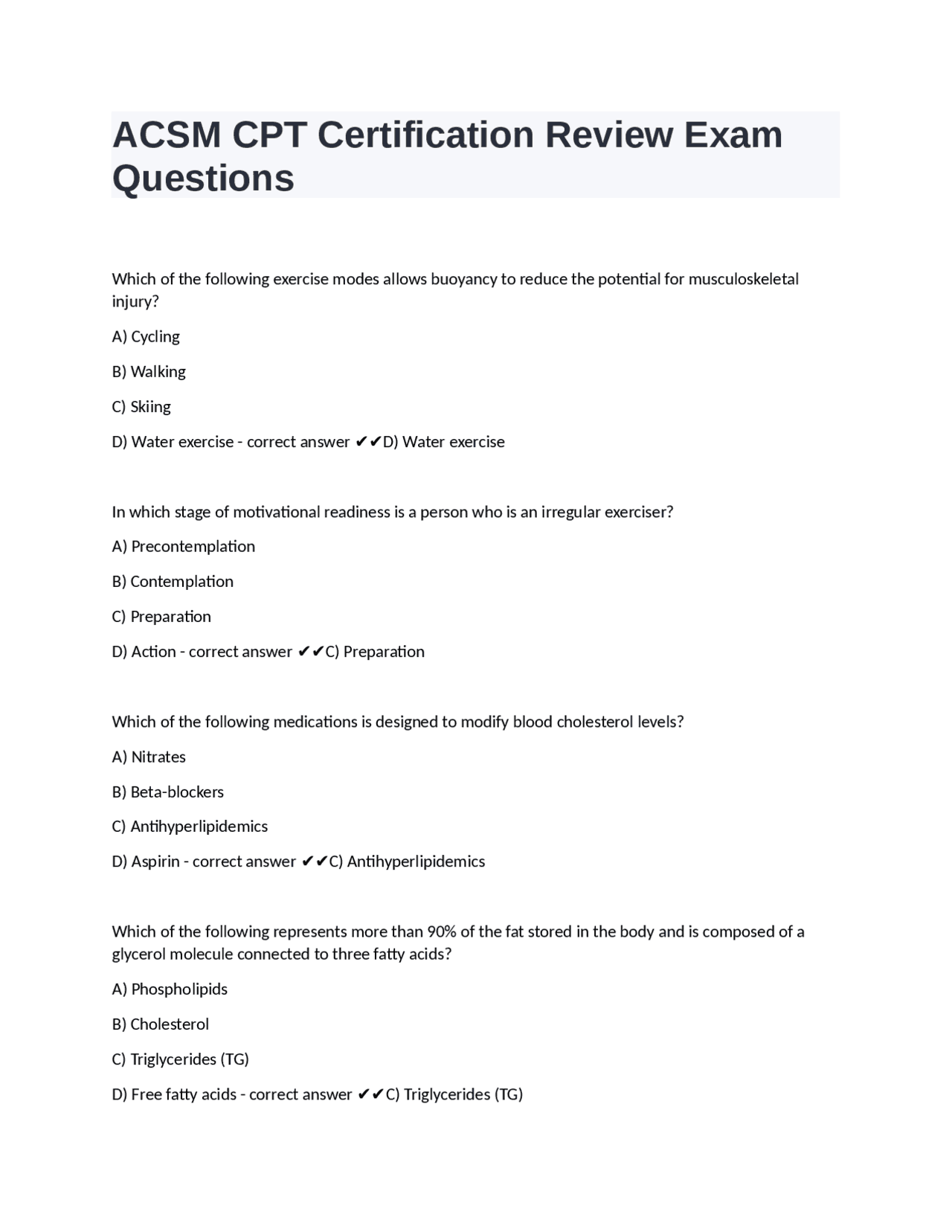 ACSM CPT Certification Review Exam Questions | Exams Nursing | Docsity