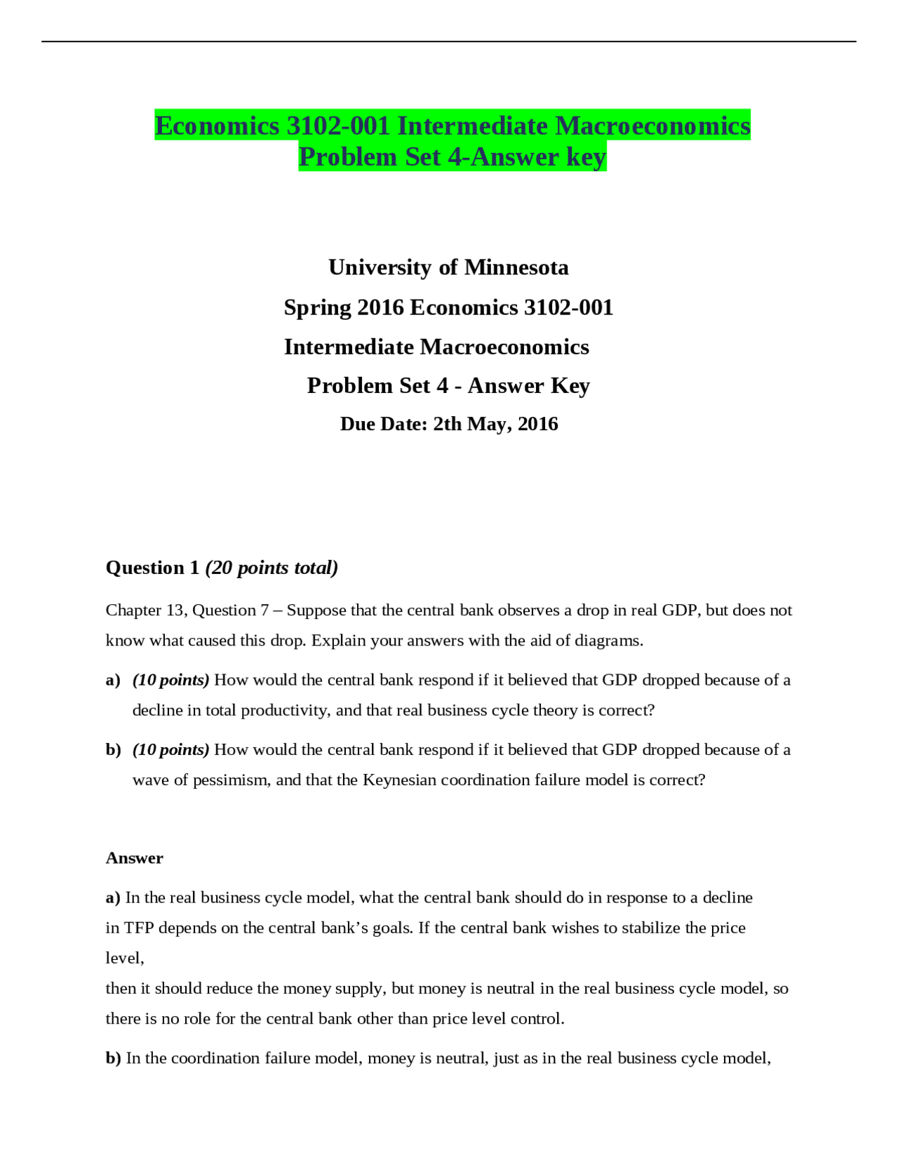 Economics 3102-001 Intermediate Macroeconomics Problem Set 4-Answer key.docx | Exams Economics ...