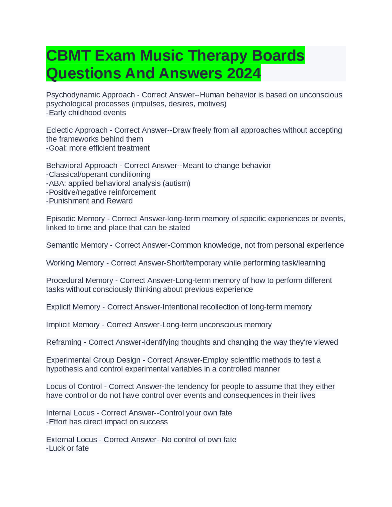 CBMT Exam Music Therapy Boards Questions And Answers 2024 | Exams ...