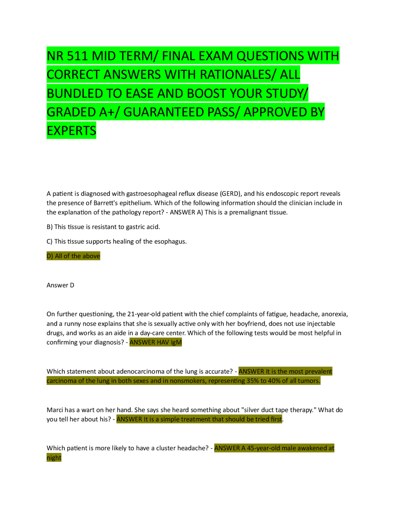 NR 511 Mid Term/Final Exam Questions with Correct Answers and ...