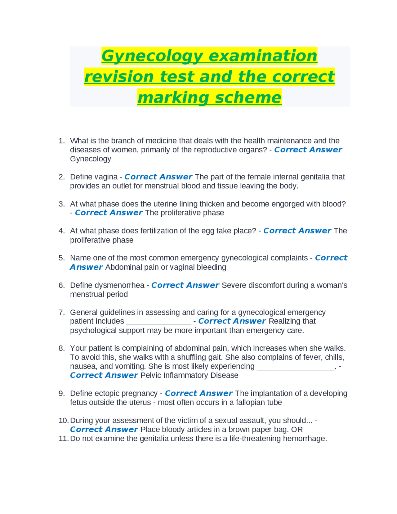 Gynecology Examination Revision Test and Marking Scheme | Exams ...