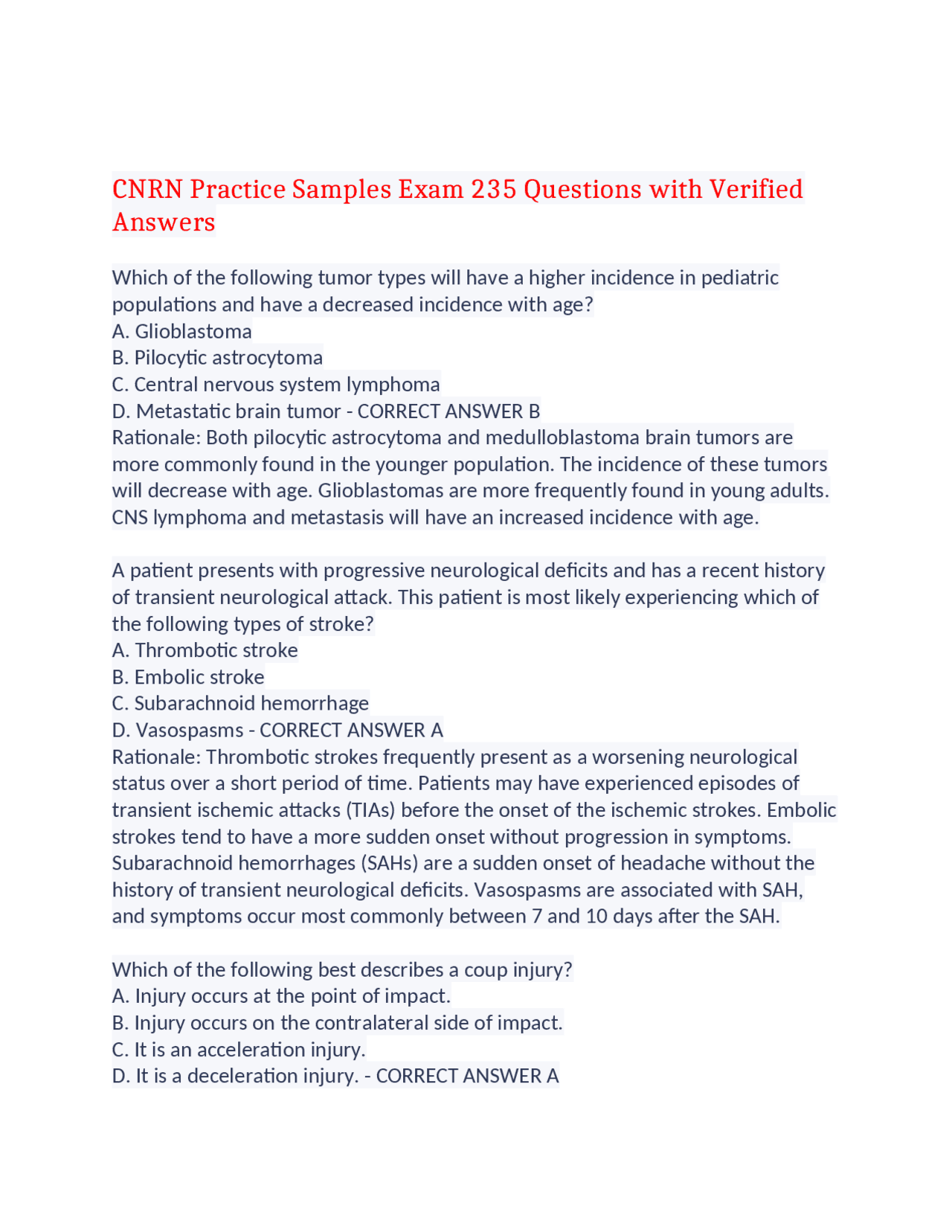 CNRN Practice Samples Exam 235 Questions with Verified Answers | Exams ...