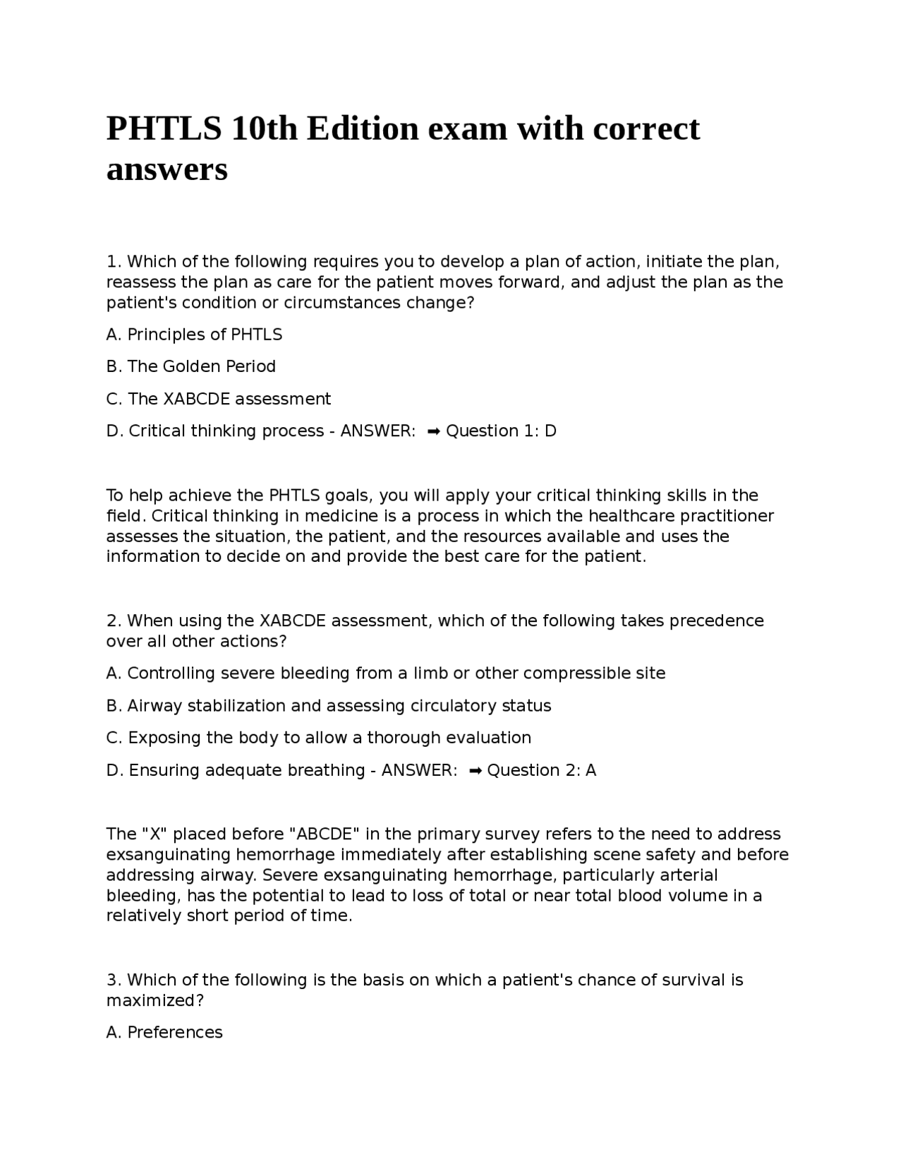 PHTLS 10th Edition exam with correct answers | Exams Nursing | Docsity