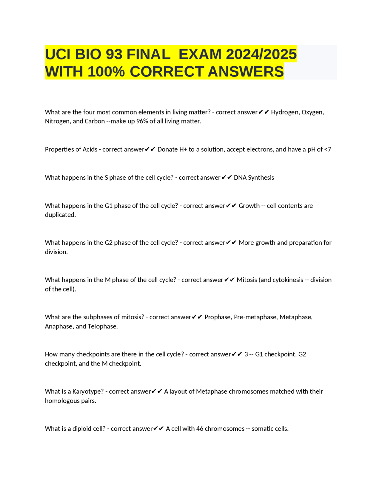 UCI BIO 93 FINAL EXAM 2024/2025 WITH 100% CORRECT ANSWERS | Exams ...