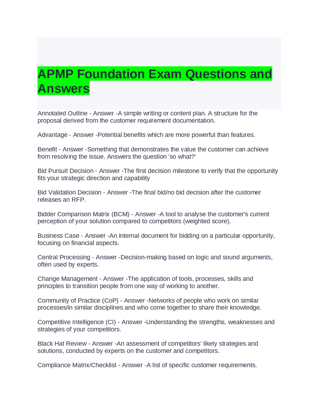 APMP Foundation Exam Questions and Answers | Exams Advanced Education | Docsity