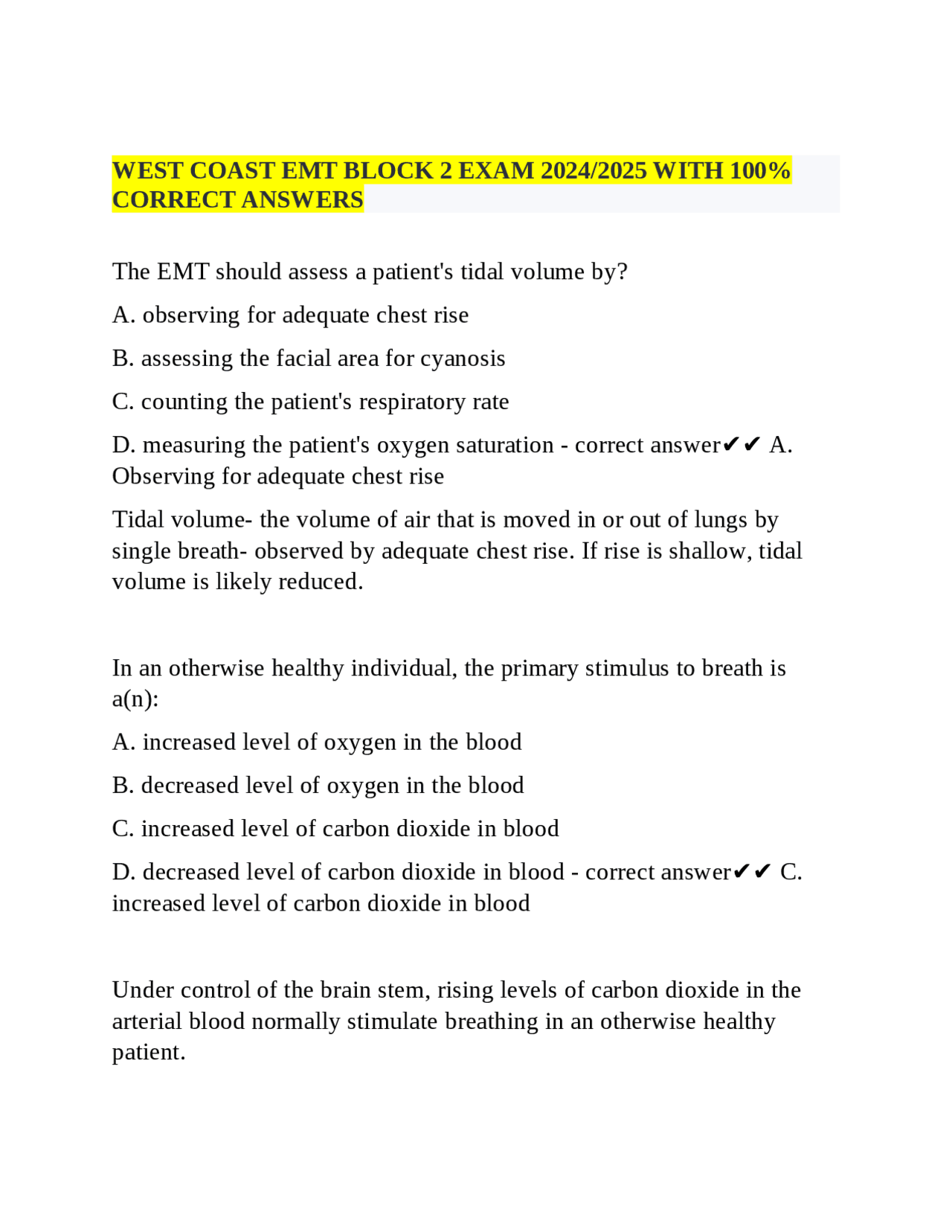 WEST COAST EMT BLOCK 2 EXAM 2024/2025 WITH 100% CORRECT ANSWERS | Exams ...