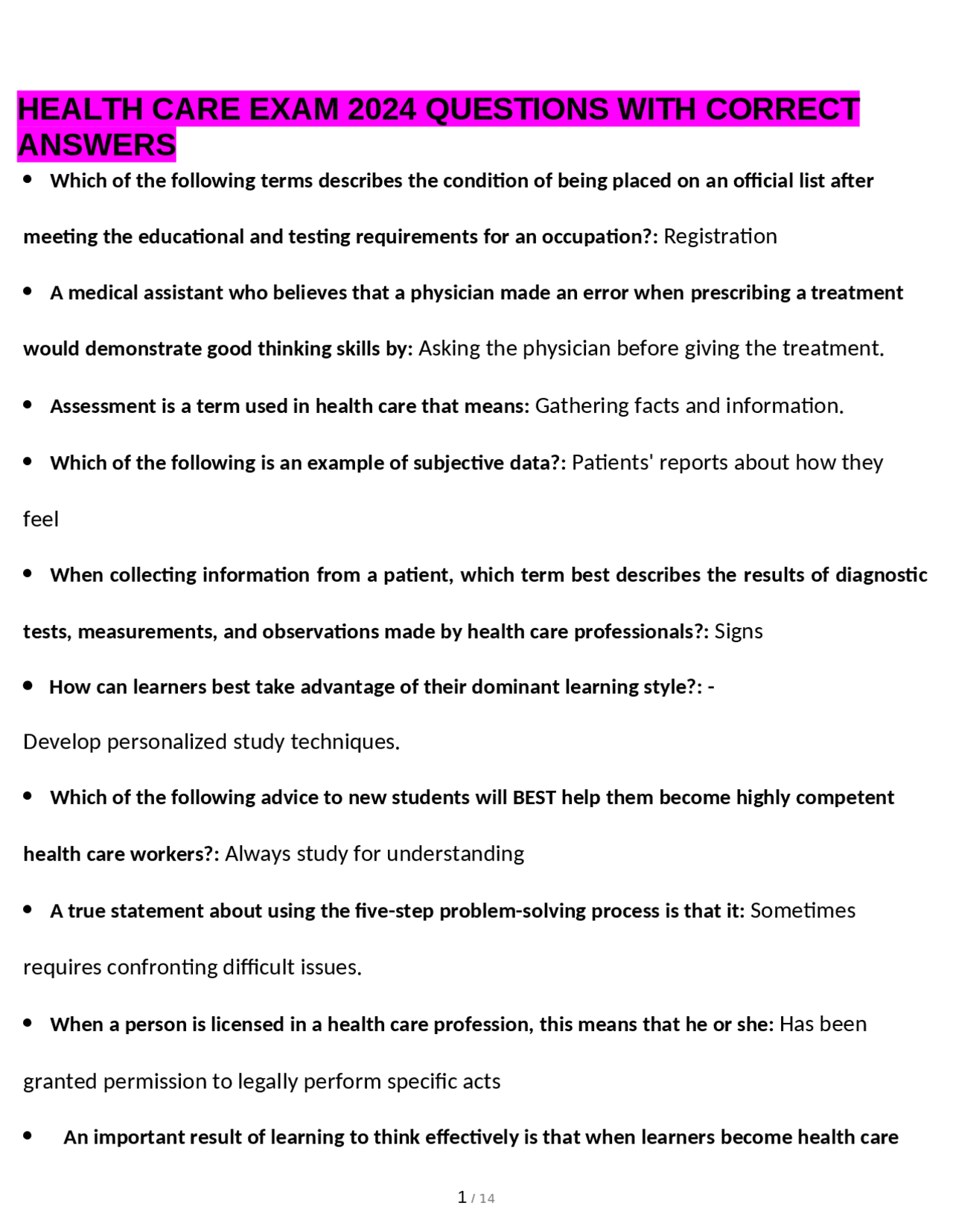 HEALTH CARE EXAM 2024 QUESTIONS WITH CORRECT ANSWERS | Exams Nursing ...