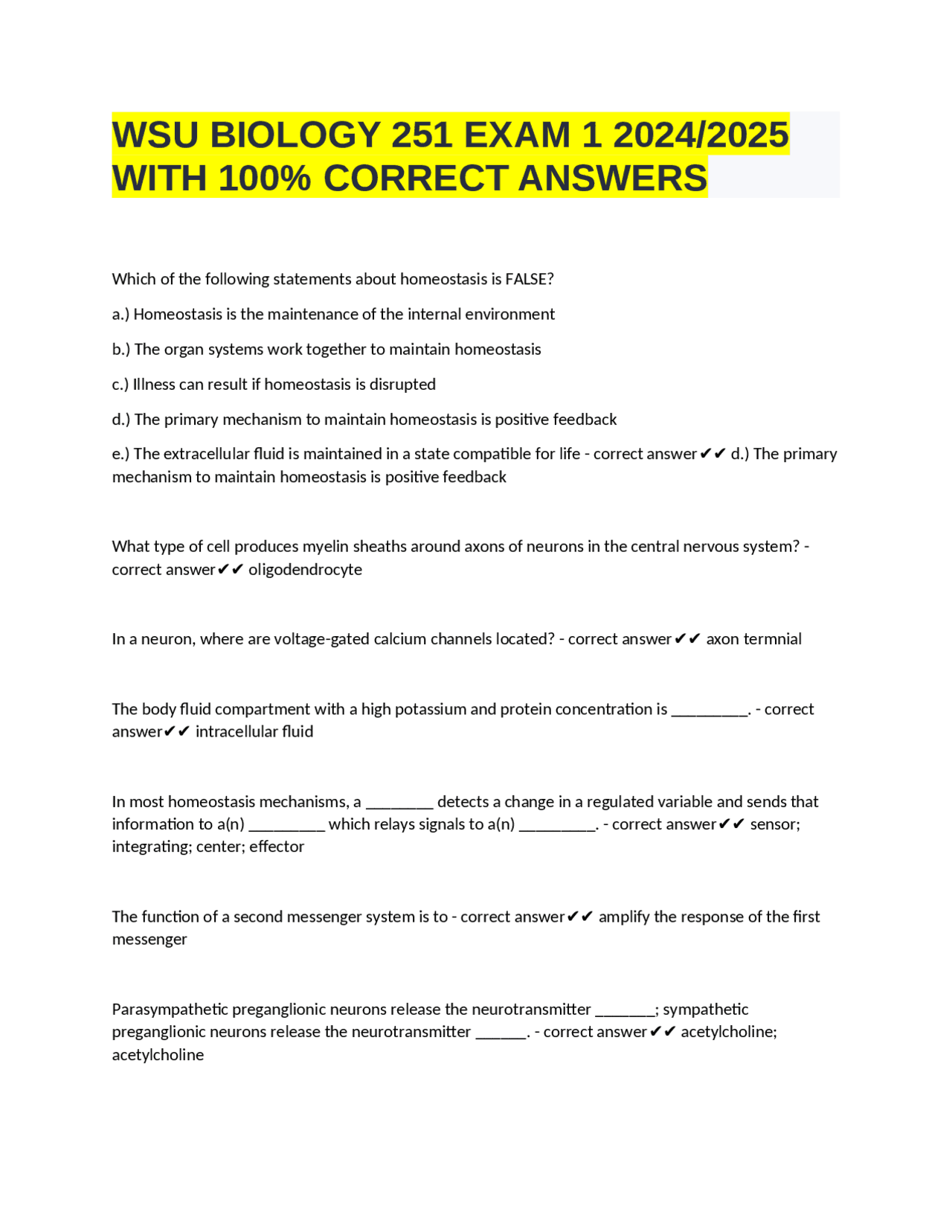WSU BIOLOGY 251 EXAM 1 2024/2025 WITH 100% CORRECT ANSWERS | Exams Biology | Docsity