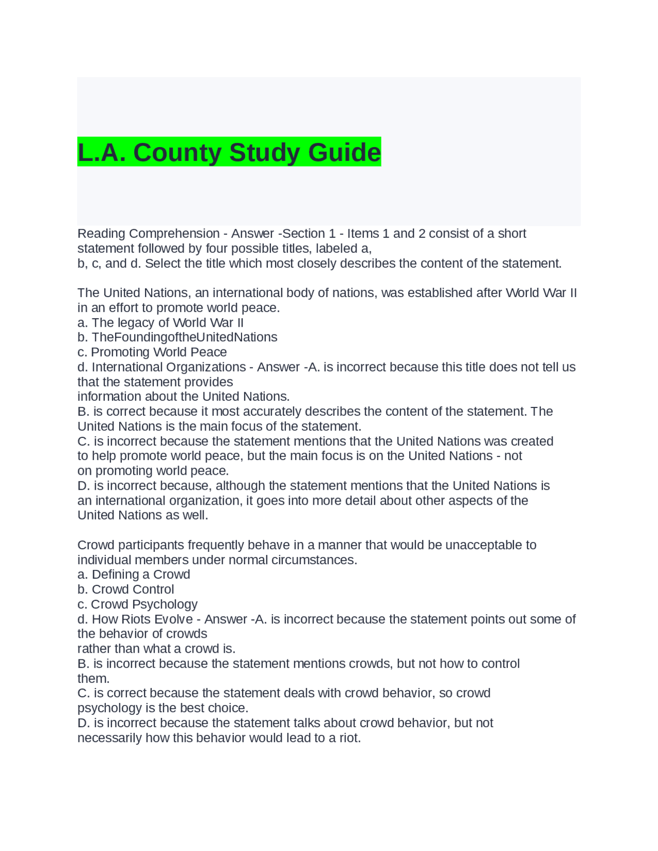 L.A. County Study Guide with complete solutions | Exams Advanced Education | Docsity