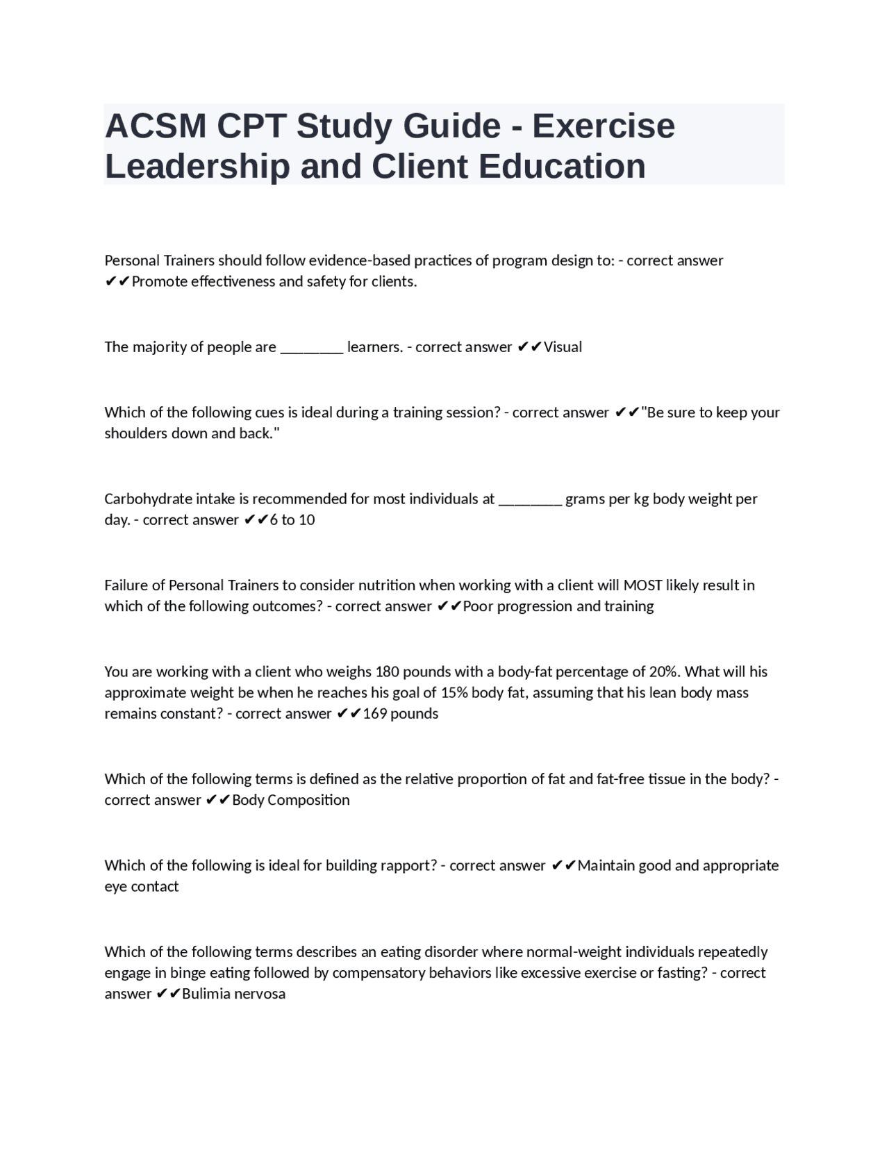 ACSM CPT Study Guide - Exercise Leadership and Client Education | Exams Nursing | Docsity