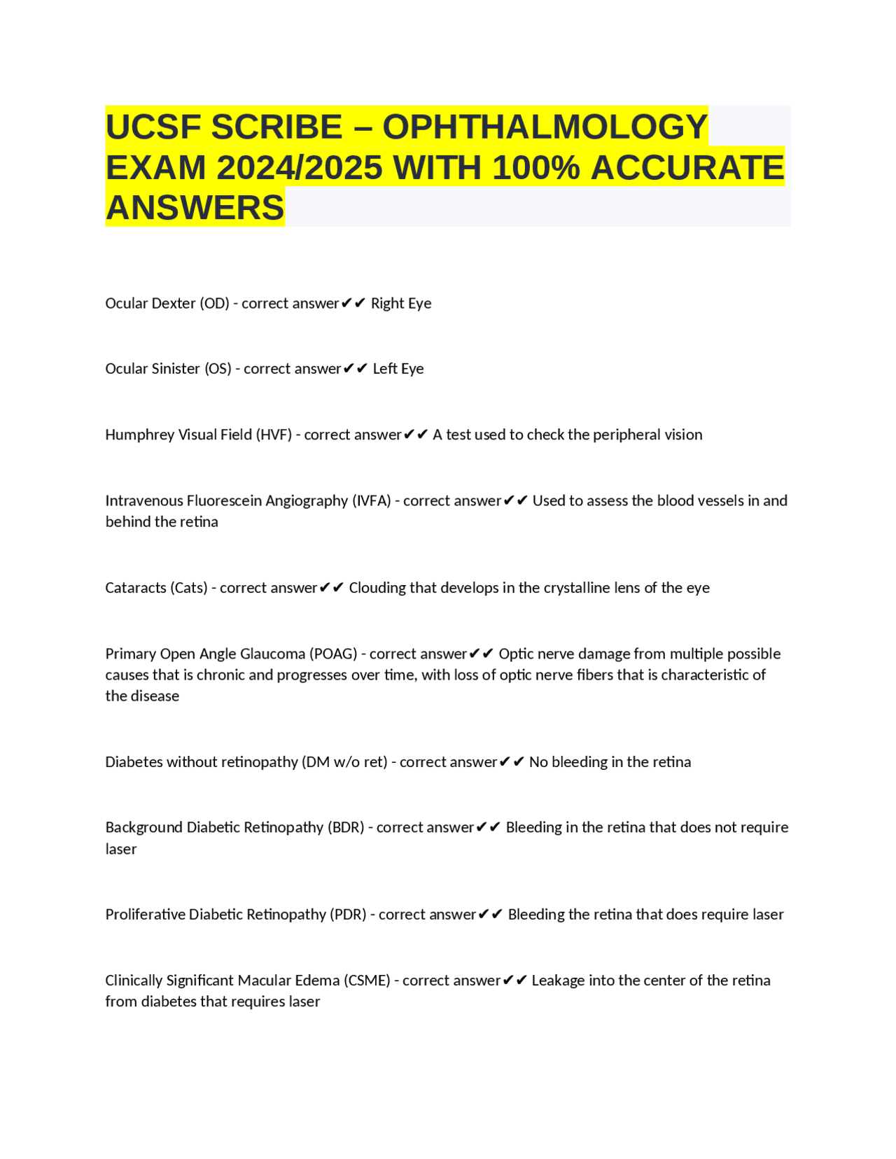 UCSF SCRIBE – OPHTHALMOLOGY EXAM 2024/2025 WITH 100% ACCURATE ANSWERS ...