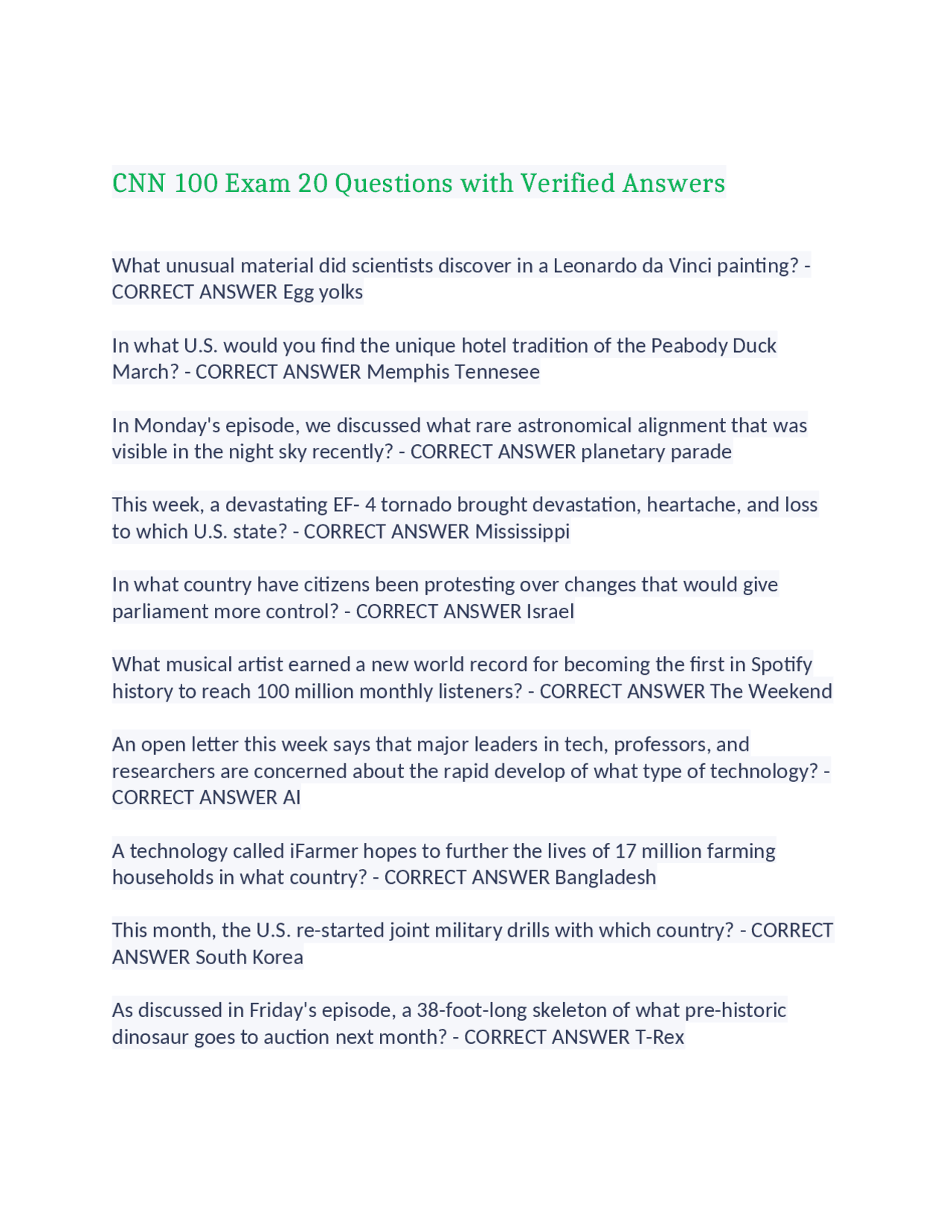 CNN 100 Exam: 20 Questions with Verified Answers | Exams Nursing | Docsity