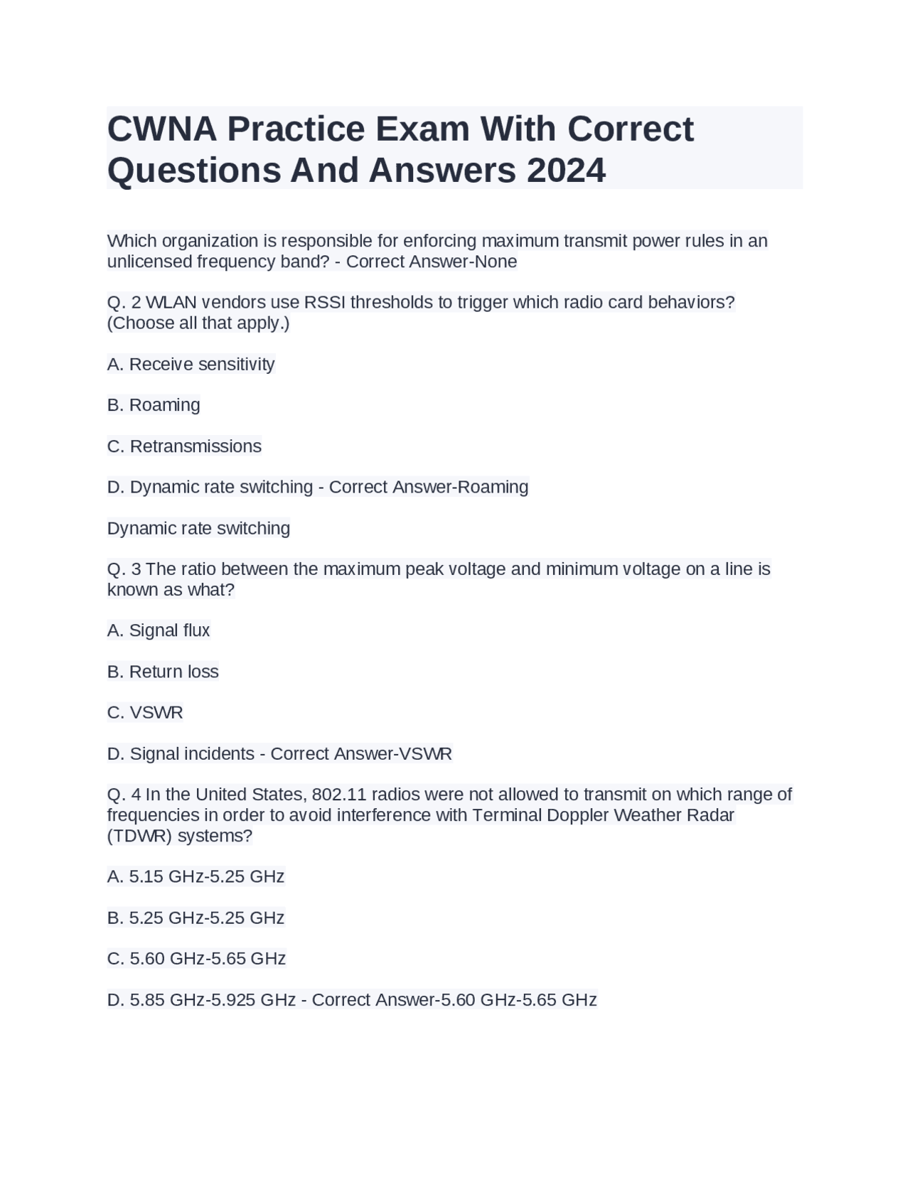 CWNA Practice Exam With Correct Questions And Answers 2024 | Exams ...