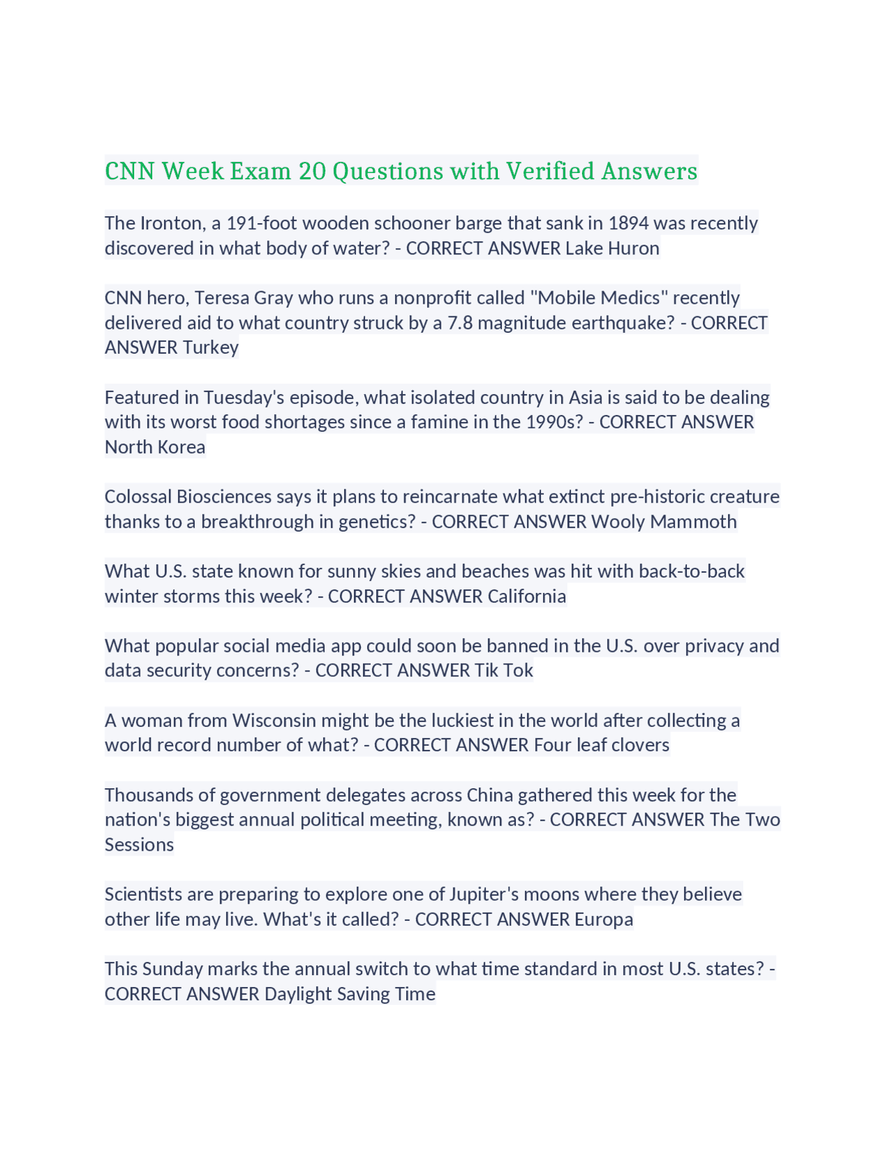 CNN Week Exam 20 Questions with Verified Answers | Exams Nursing | Docsity
